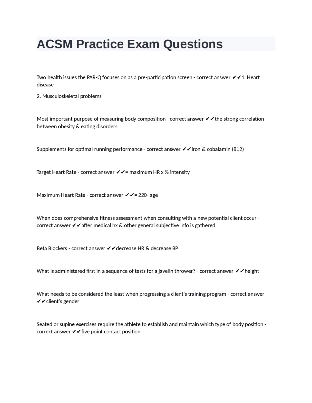 ACSM Practice Exam Questions with complete solutions | Exams Nursing ...