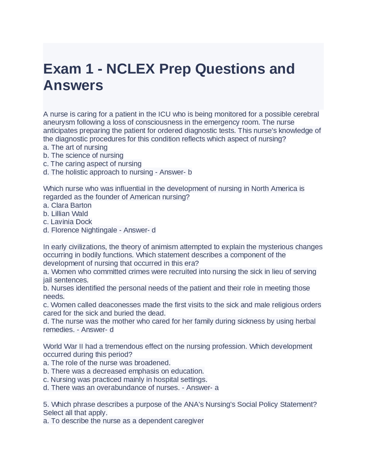Exam 1 - NCLEX Prep Questions and Answers | Exams Advanced Education ...