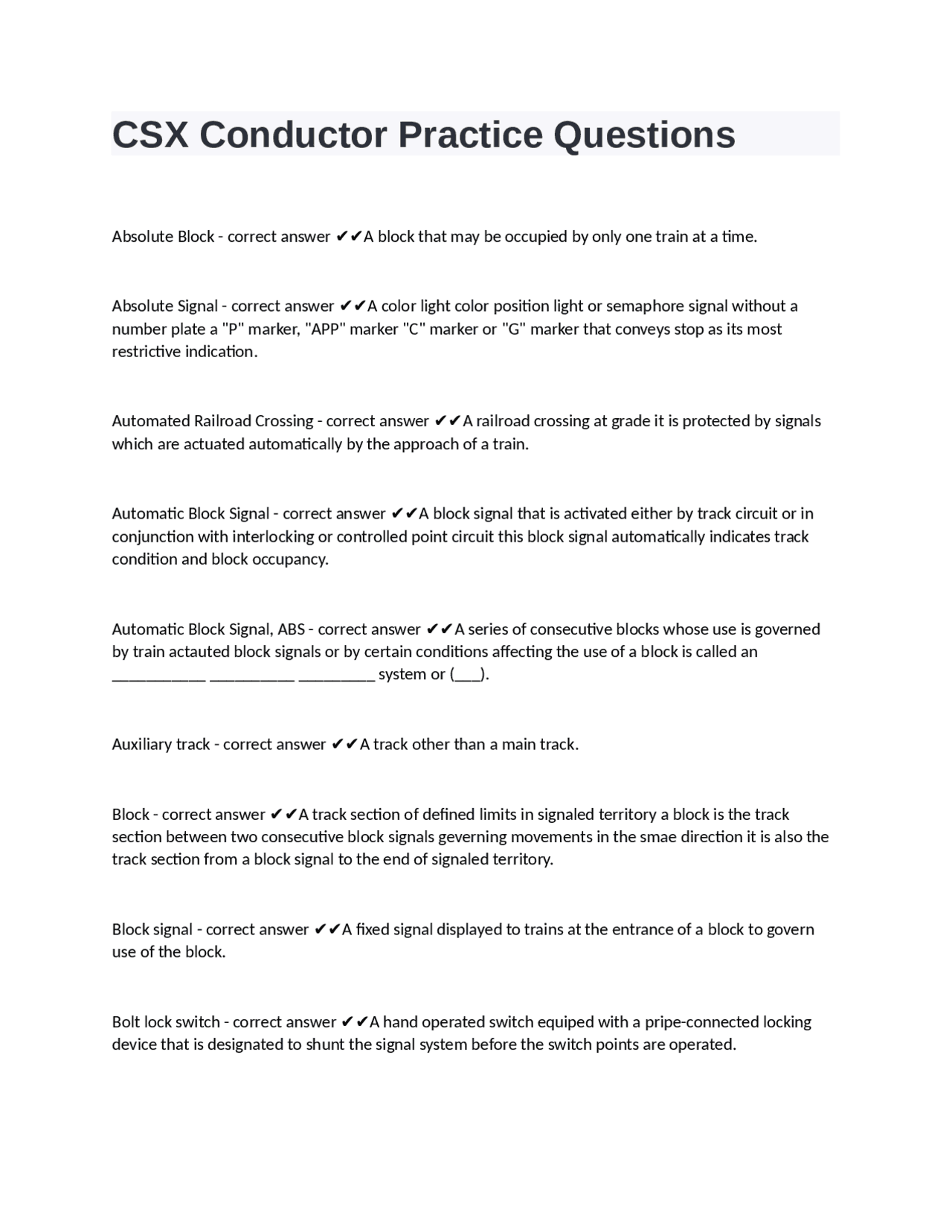 CSX Conductor Practice Questions | Exams Nursing | Docsity
