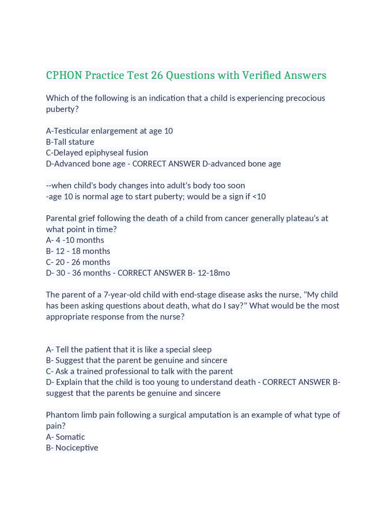 CPHON Practice Test 26 Questions with Verified Answers | Exams Nursing ...