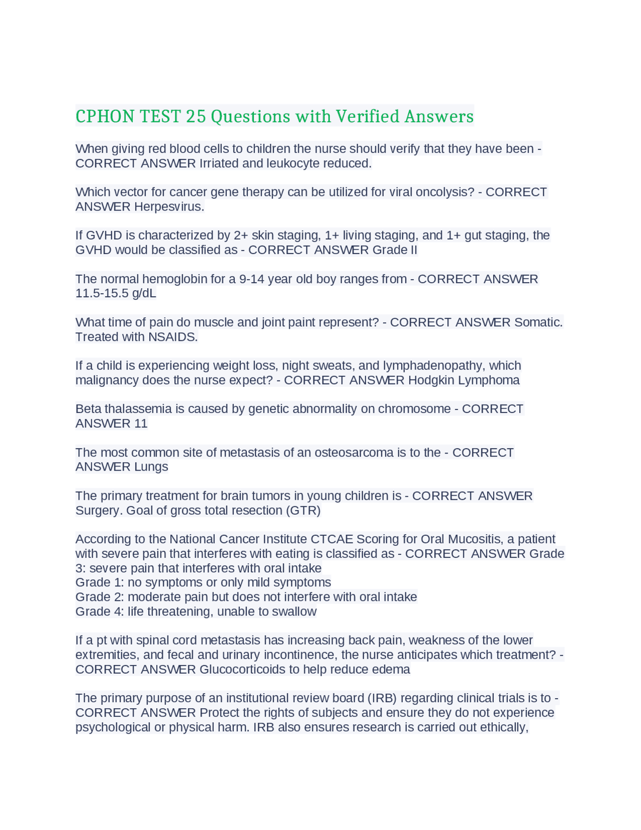 CPHON TEST 25 Questions with Verified Answers,100% CORRECT | Exams ...