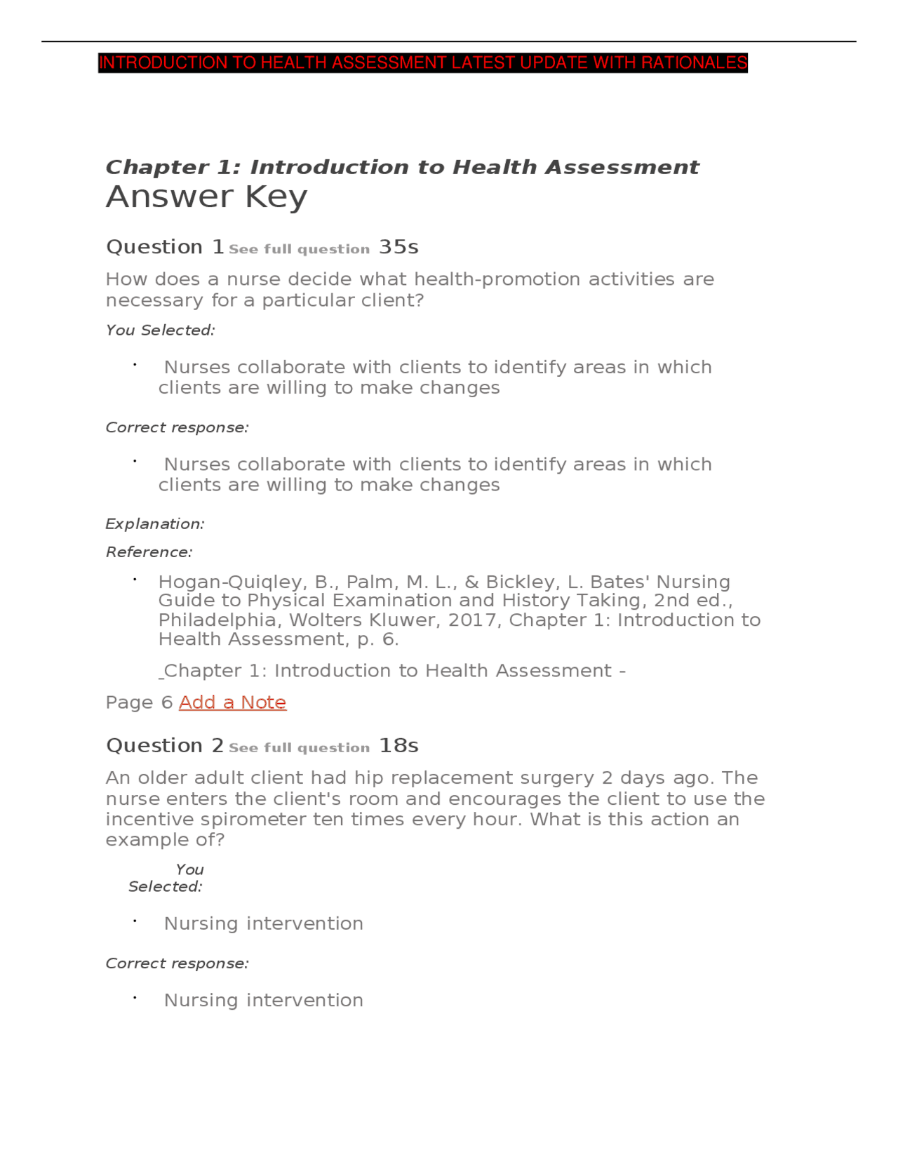 Introduction to Health Assessment | Exams Nursing | Docsity