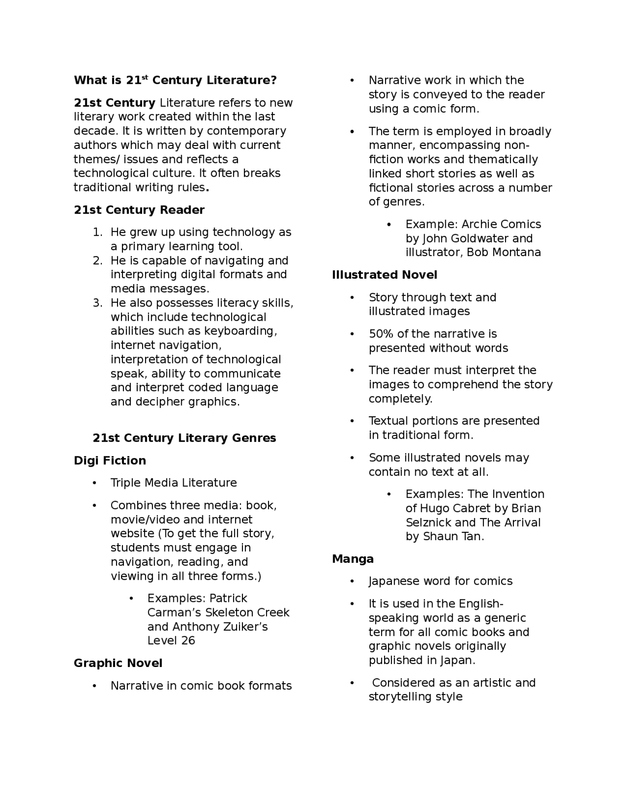 21st Century Literary Genres | Schemes and Mind Maps English | Docsity