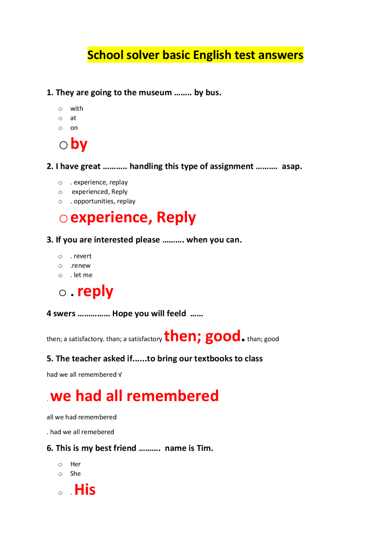 Basic English Test Answers - Prof. Zini | Cheat Sheet English Language ...