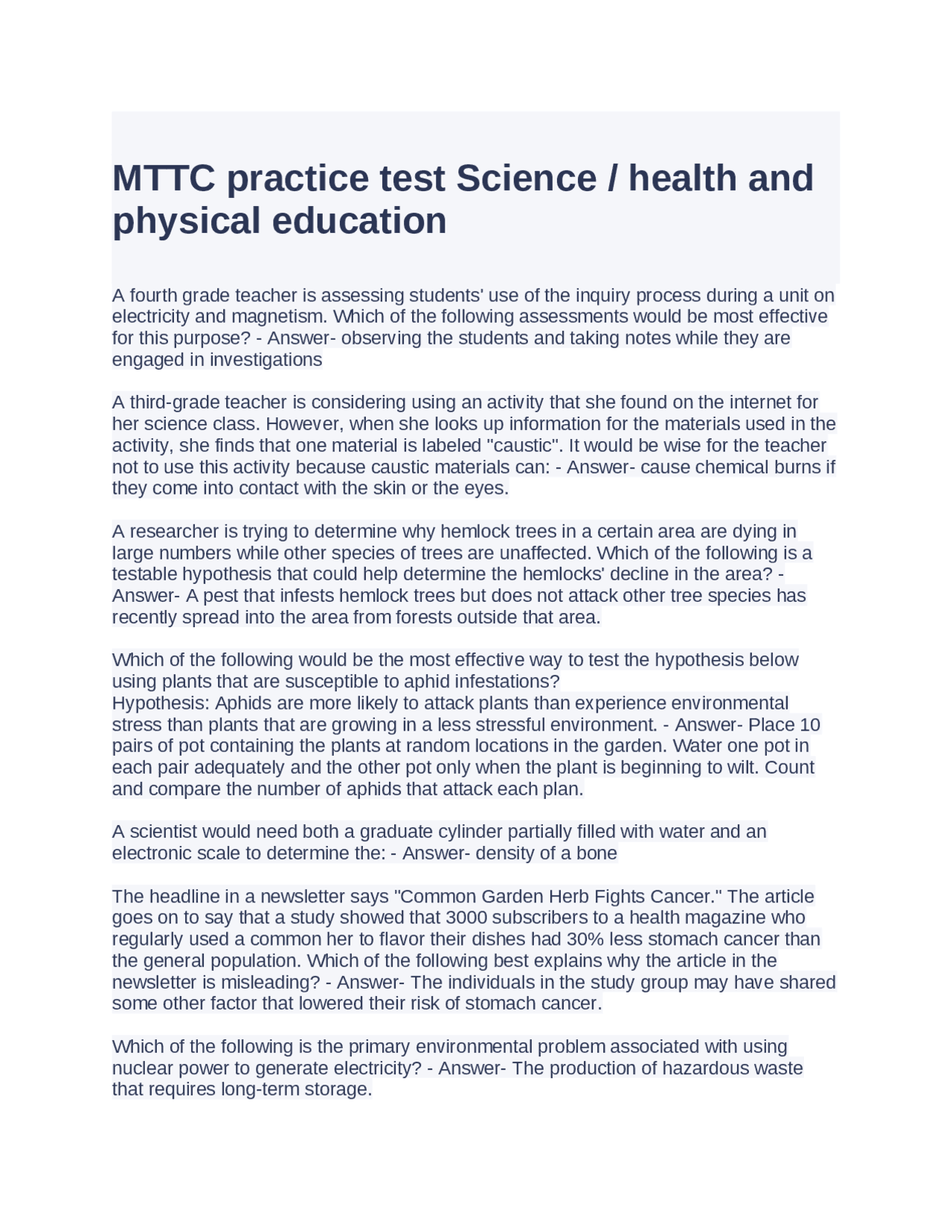 MTTC Practice Test: Science and Health/Physical Education | Exams ...