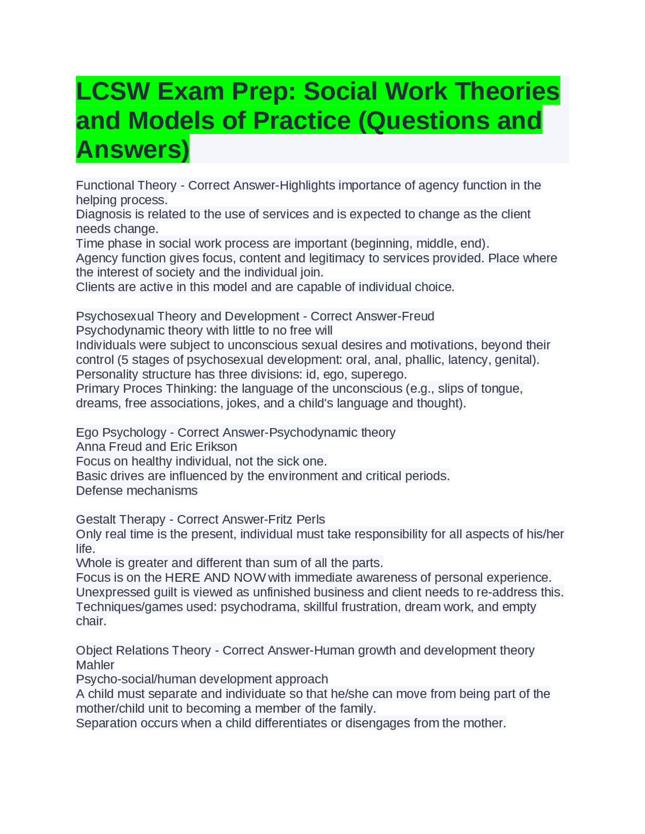 LCSW Exam Prep: Social Work Theories and Models of Practice | Exams Advanced Education | Docsity