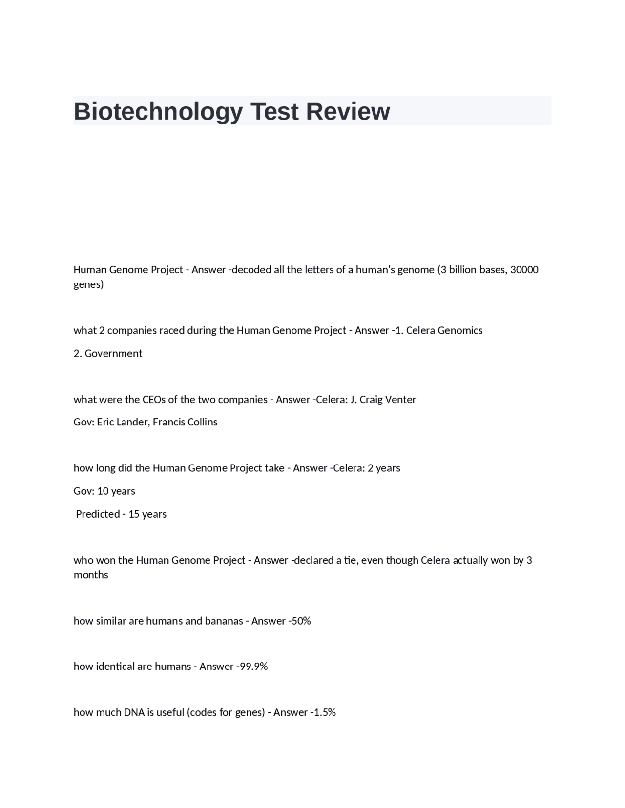 Biotechnology Test Review Questions and Answers | Exams Biotechnology ...