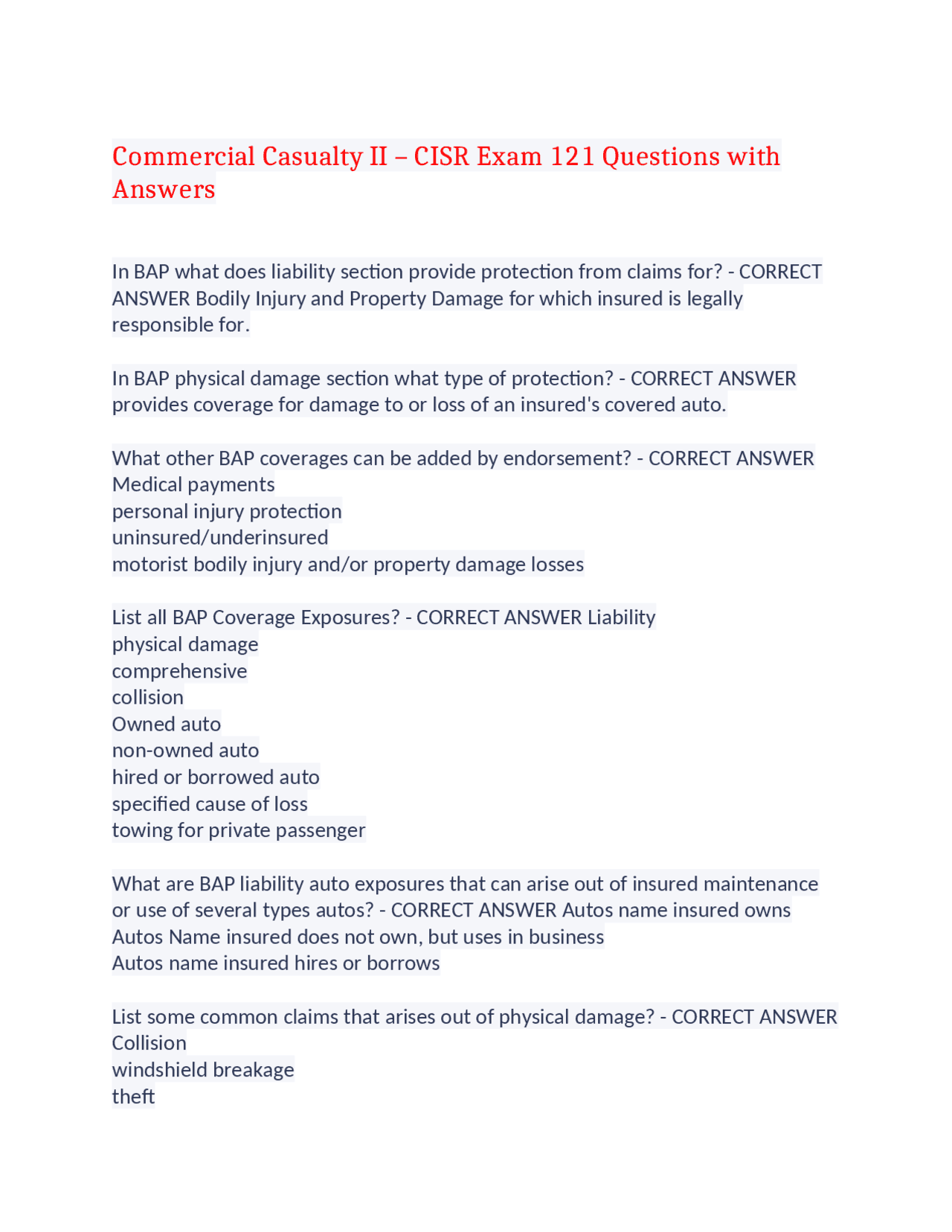 Commercial Casualty II – CISR Exam 121 Questions with Answers,100% ...