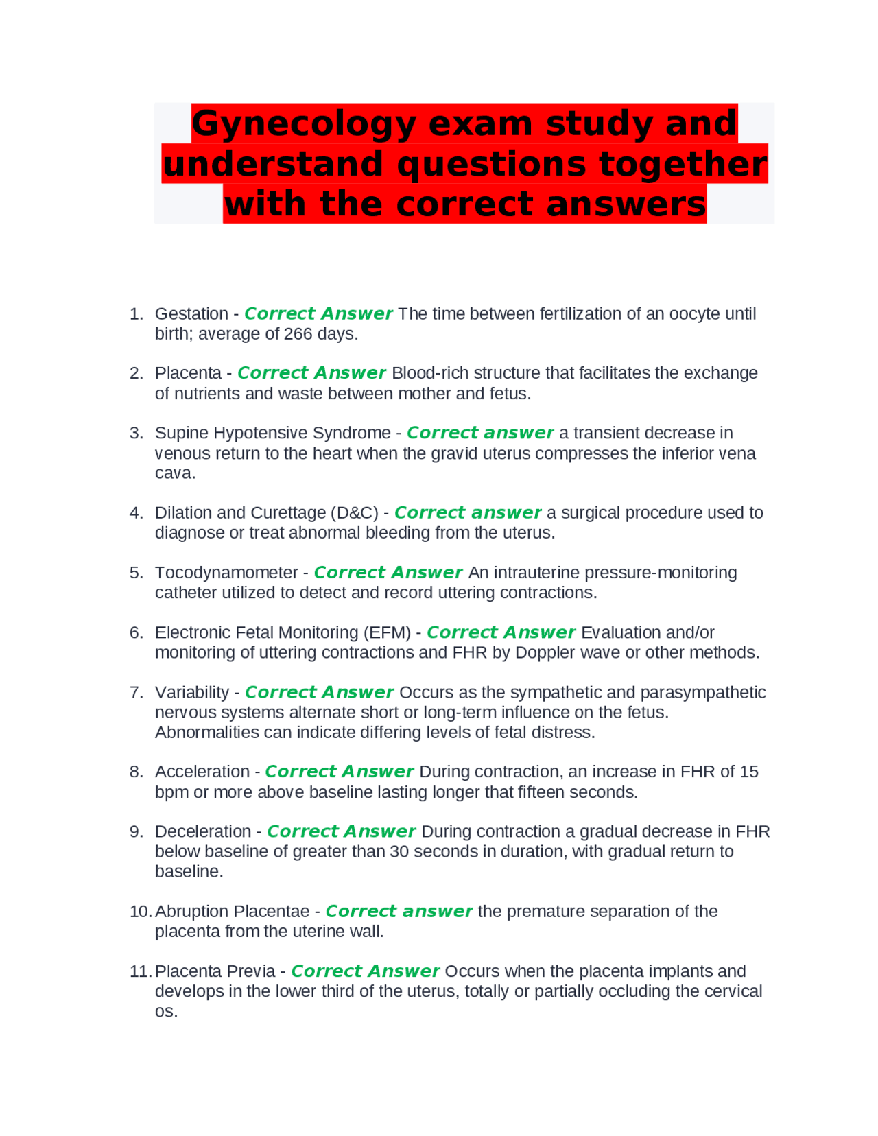 Gynecology Exam Study Guide | Exams Gynecology | Docsity