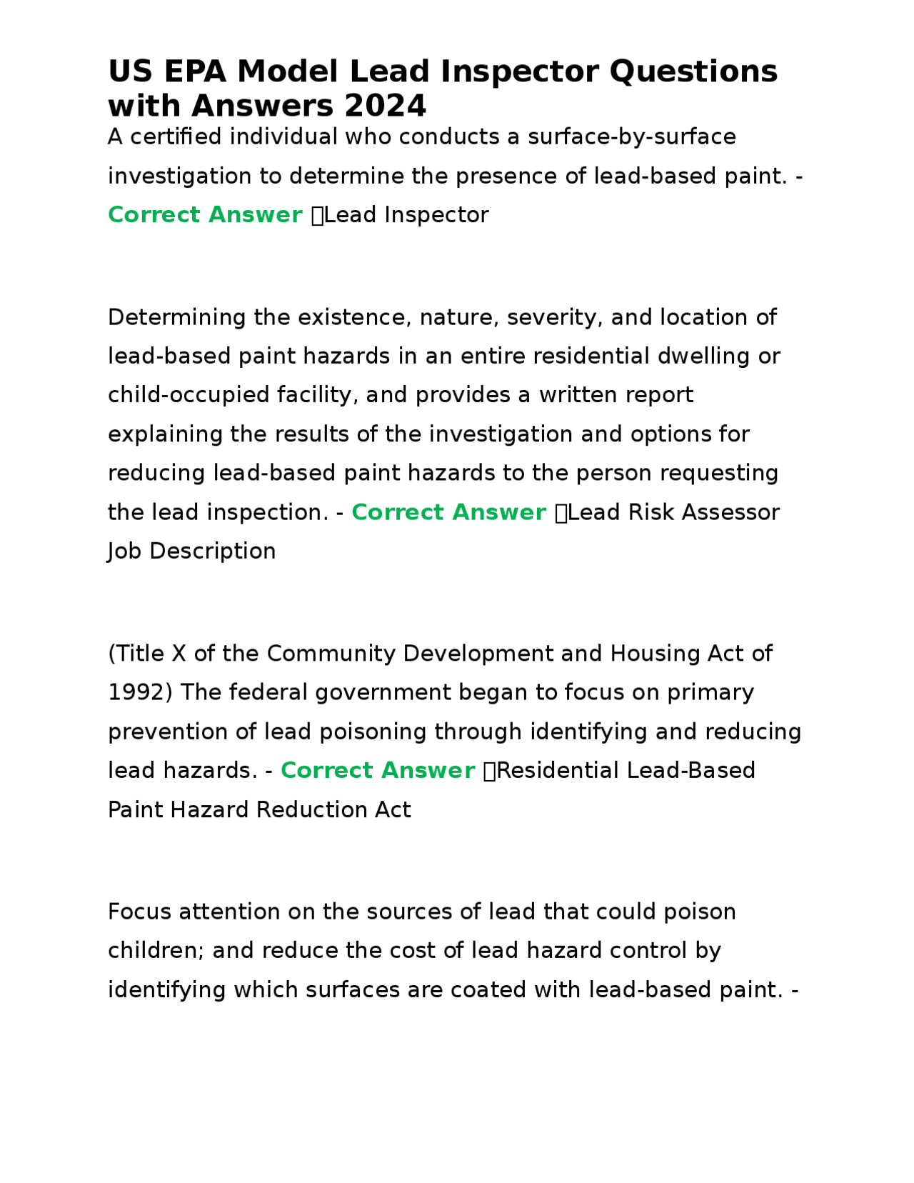 US EPA Model Lead Inspector Questions with Answers 2024 | Exams Nursing ...