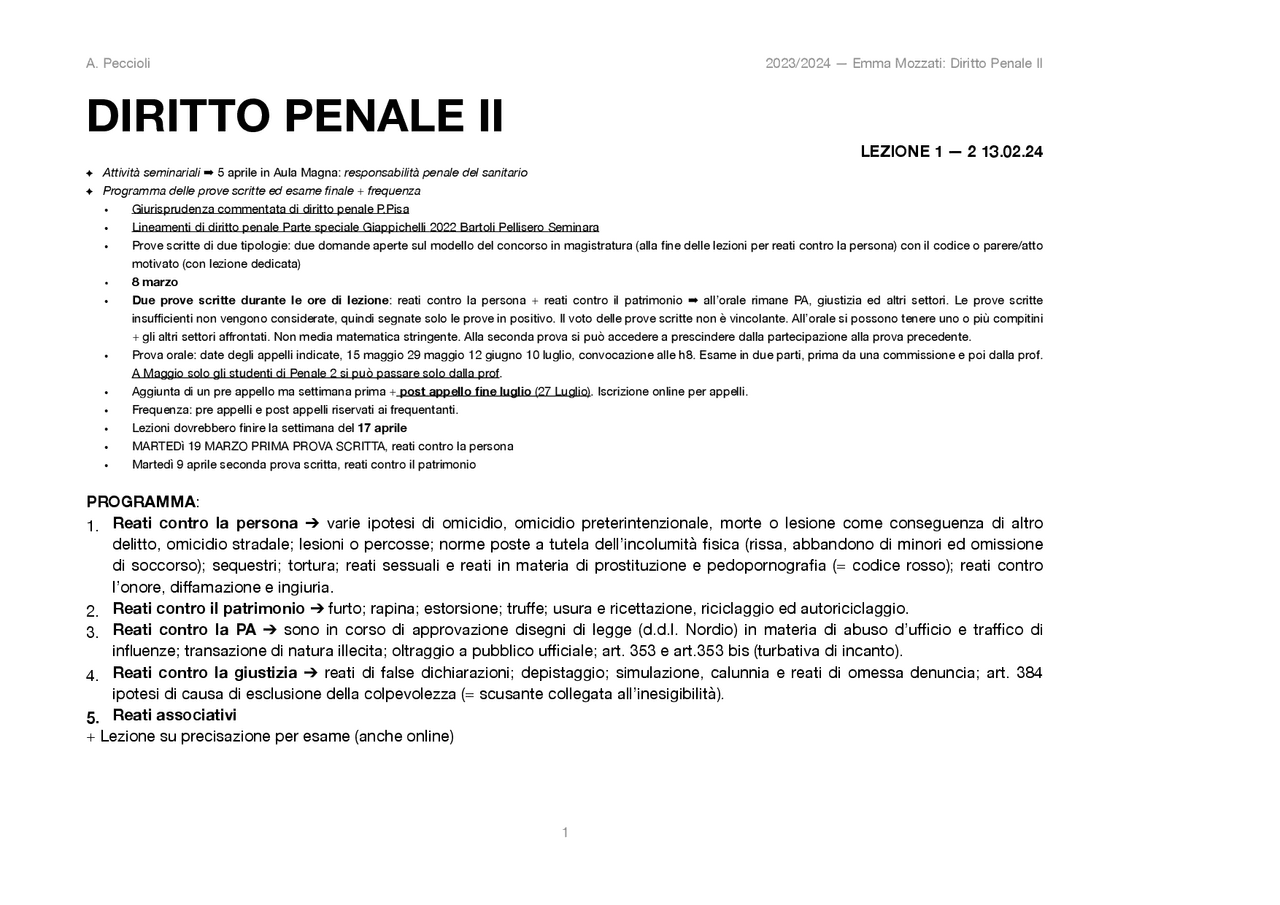 Appunti Diritto Penale II -- fraz. M/Z a.a. 2023/2024 | Sbobinature di ...