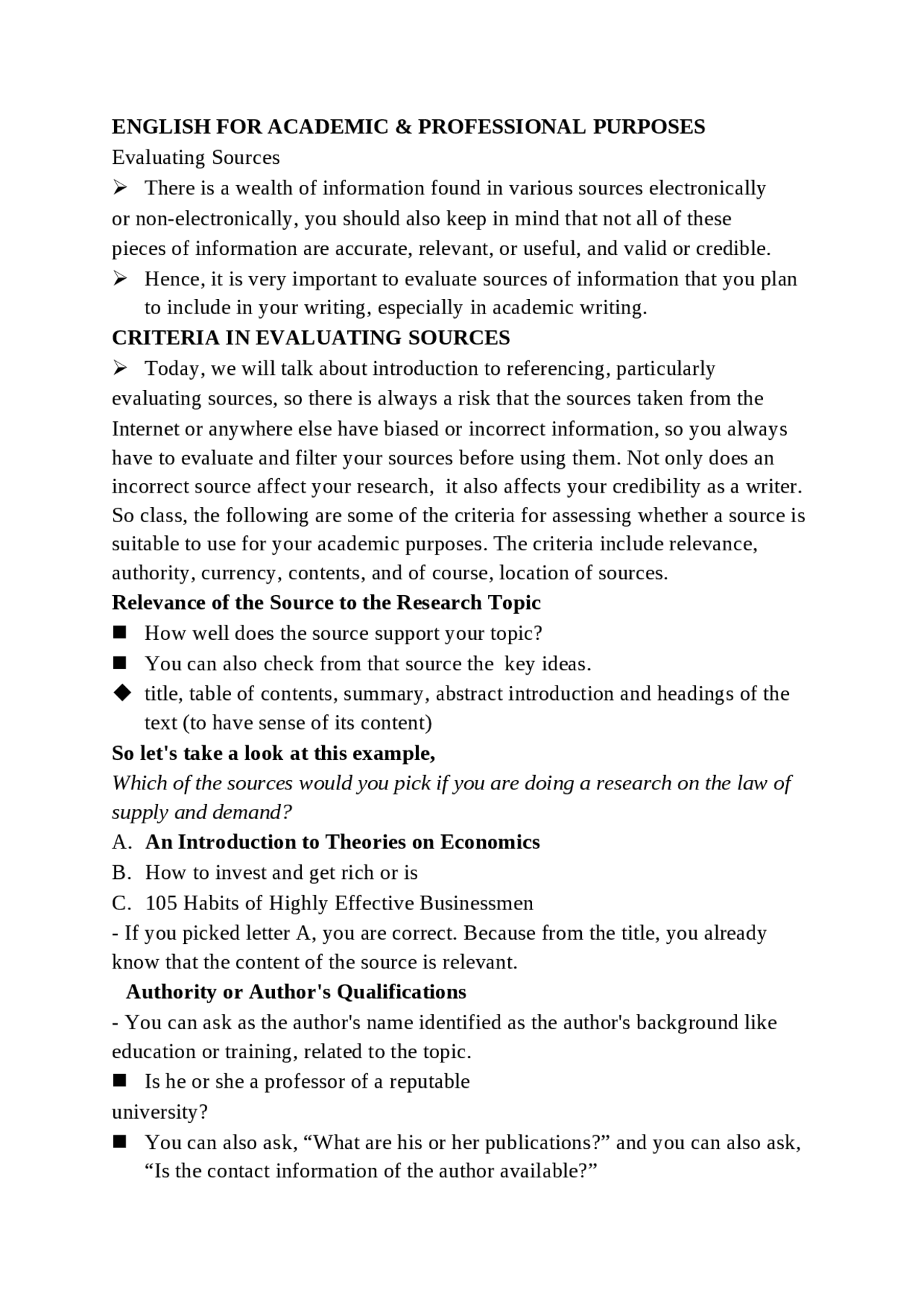 Evaluating Sources for Academic and Professional Writing | Study notes ...