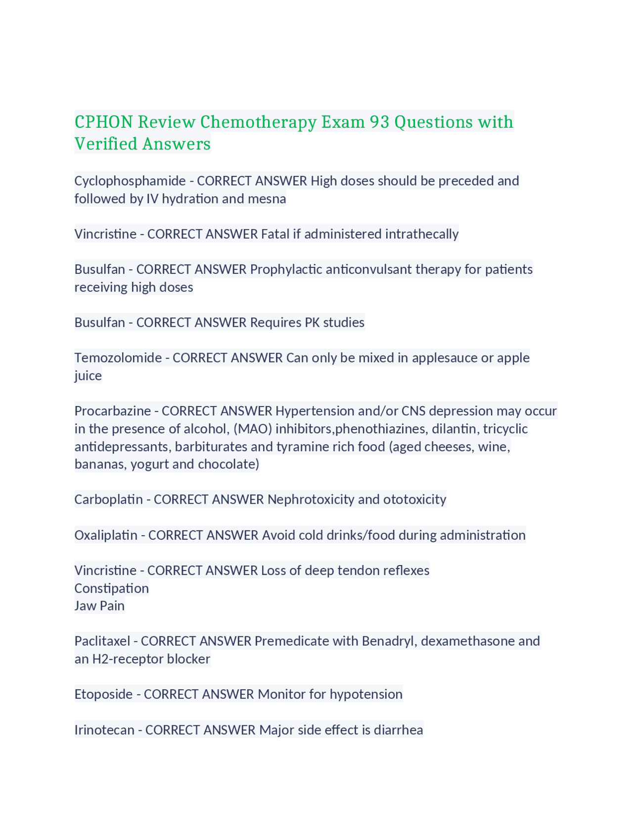 CPHON Review Chemotherapy Exam 93 Questions with Verified Answers,100% ...