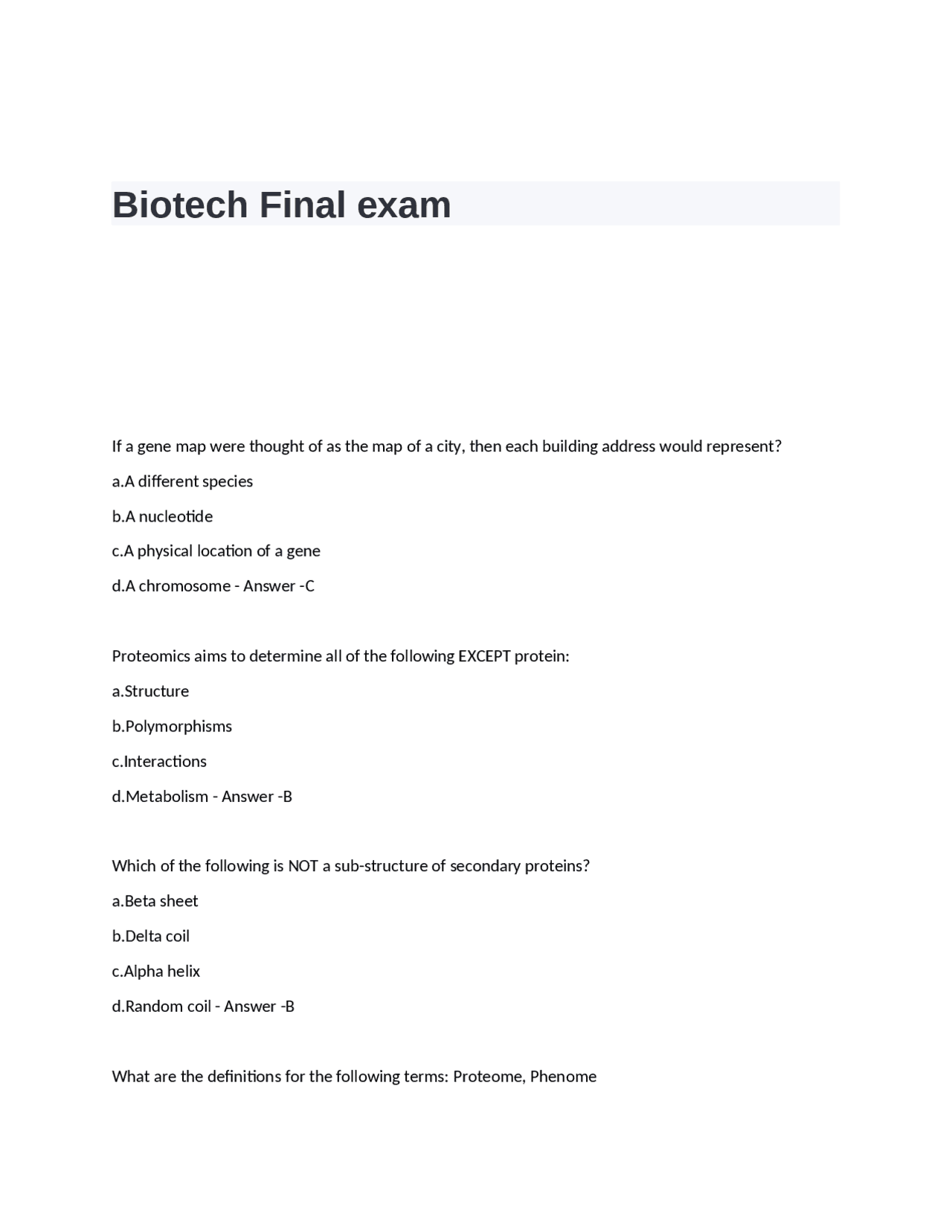 Biotech Final exam Questions with Correct Solutions | Exams ...