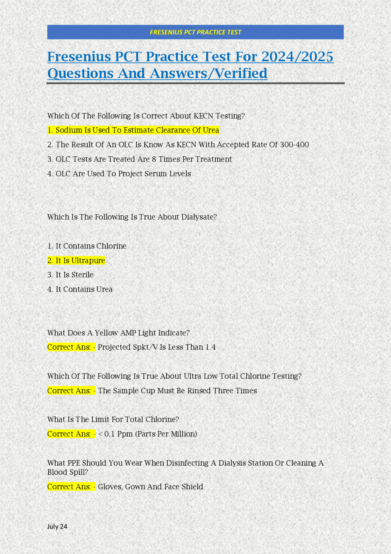 Fresenius PCT Practice Test For 2024/2025 Questions And Answers ...
