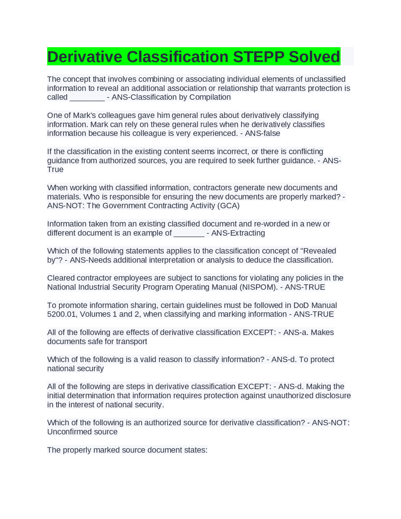 Derivative Classification of Classified Information | Exams Law | Docsity