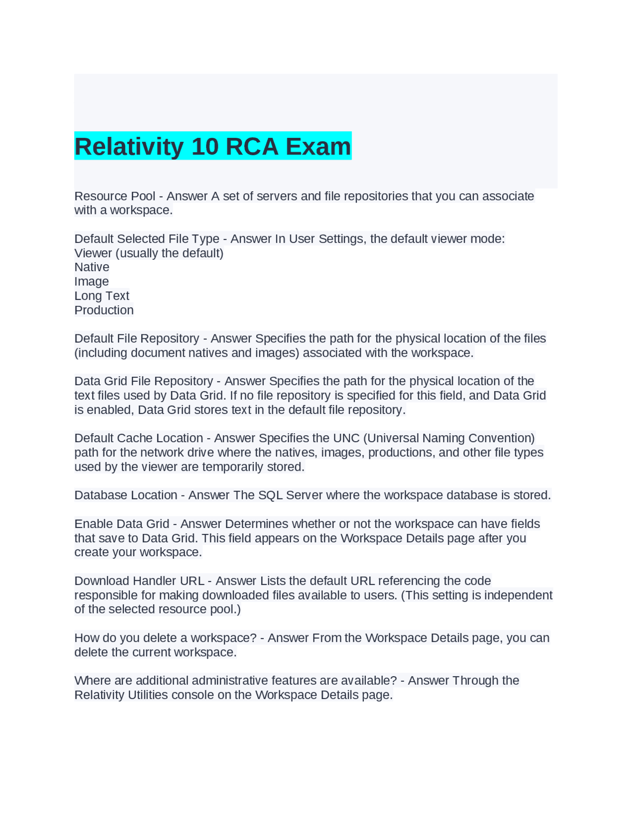 Relativity 10 RCA Exam | Exams Advanced Education | Docsity