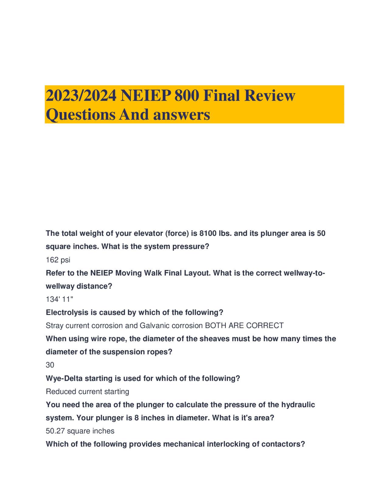 NEIEP 800 Final Review: Elevator and Moving Walk Systems | Exams ...
