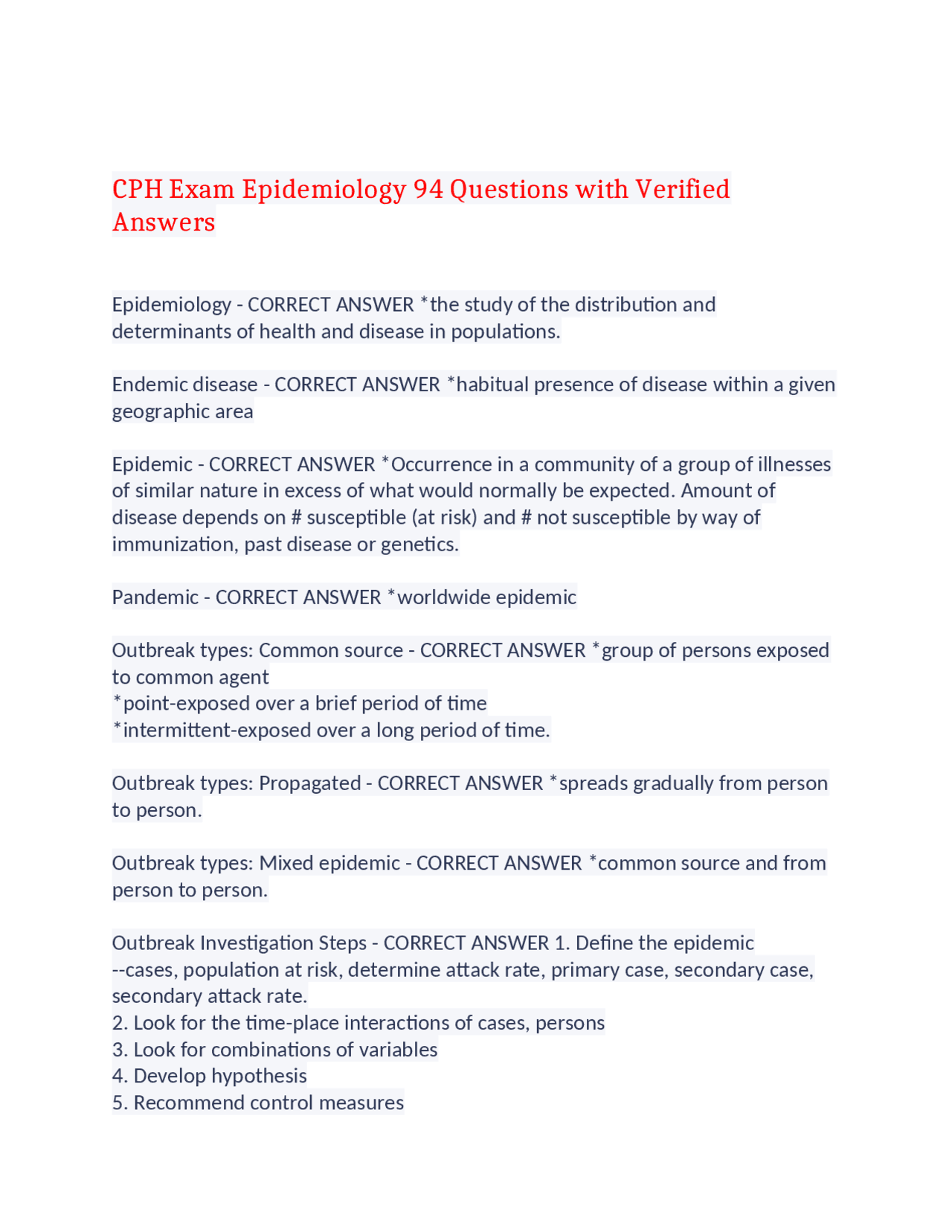CPH Exam Epidemiology 94 Questions with Verified Answers,100% CORRECT ...