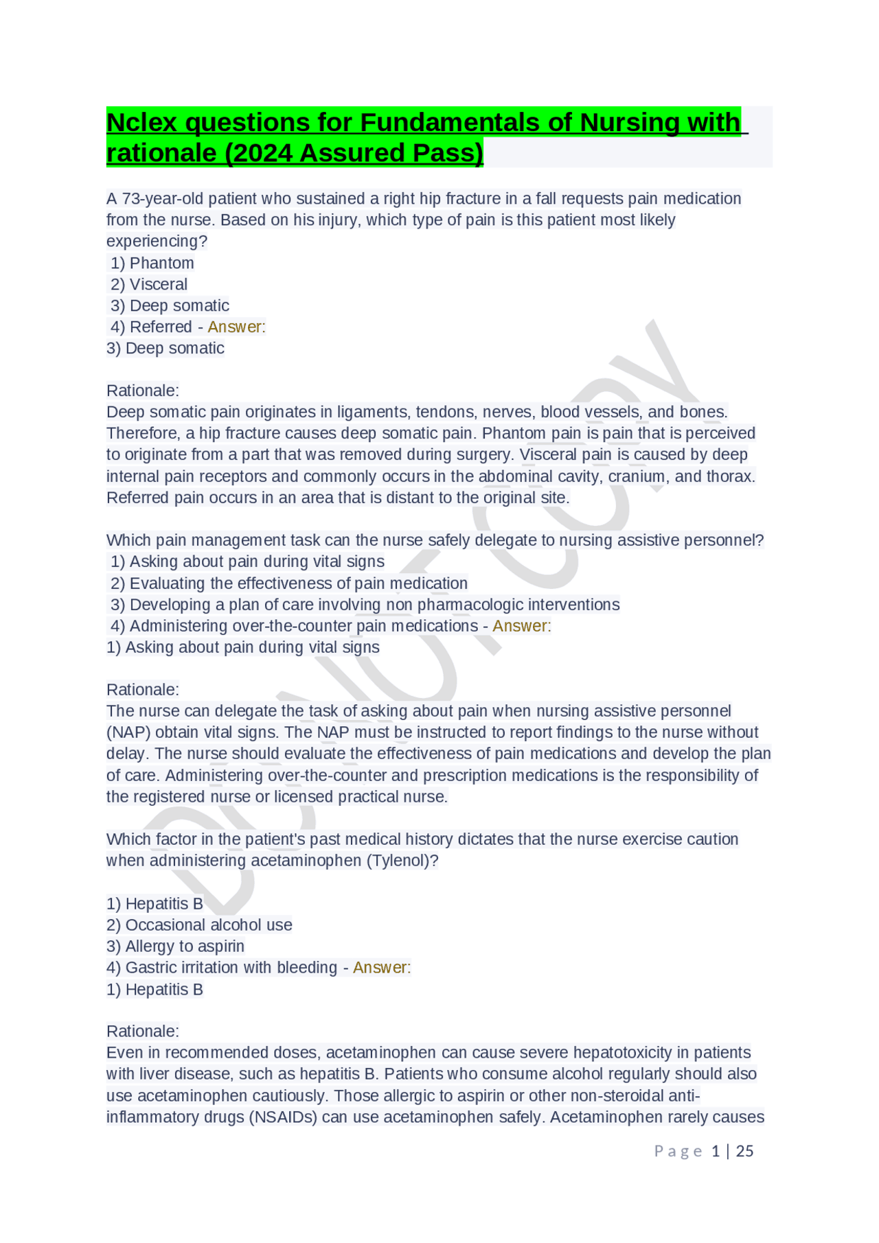 Nclex questions for Fundamentals of Nursing with rationale (2024 ...