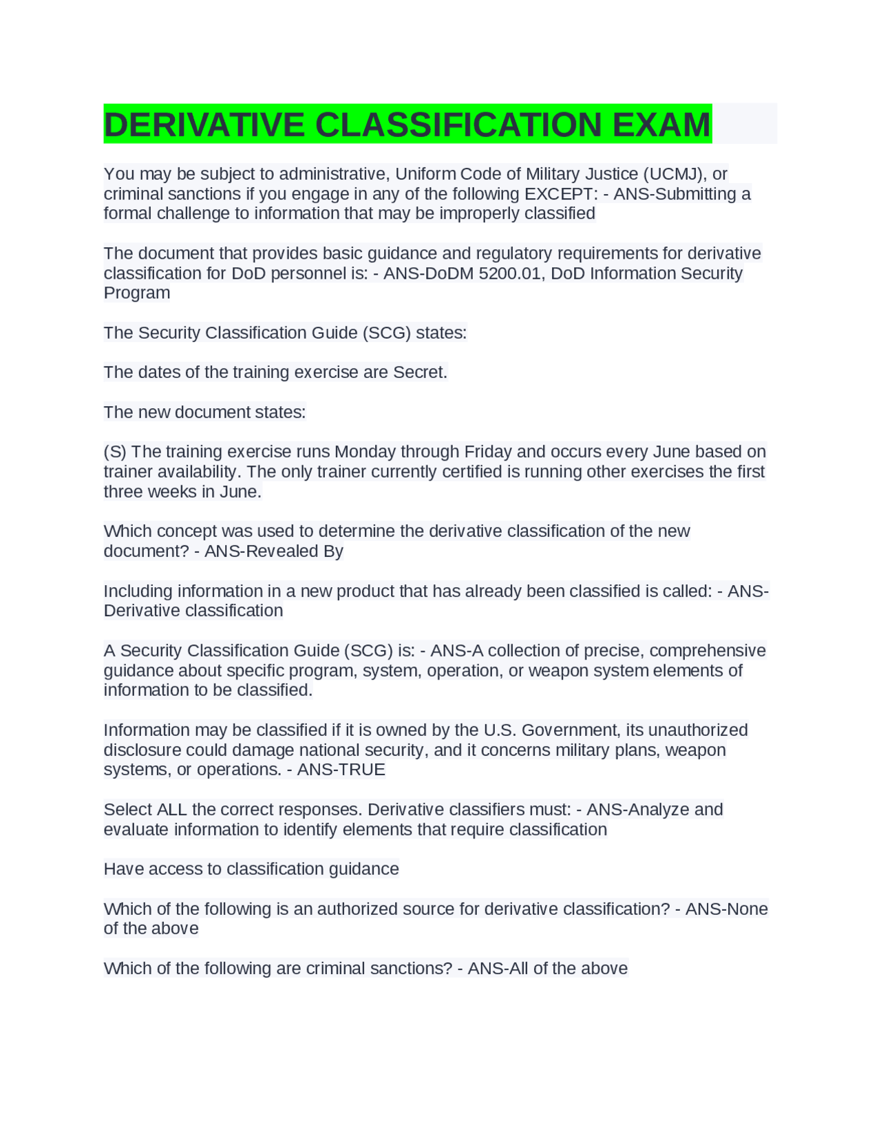 Derivative Classification Exam | Exams Law | Docsity