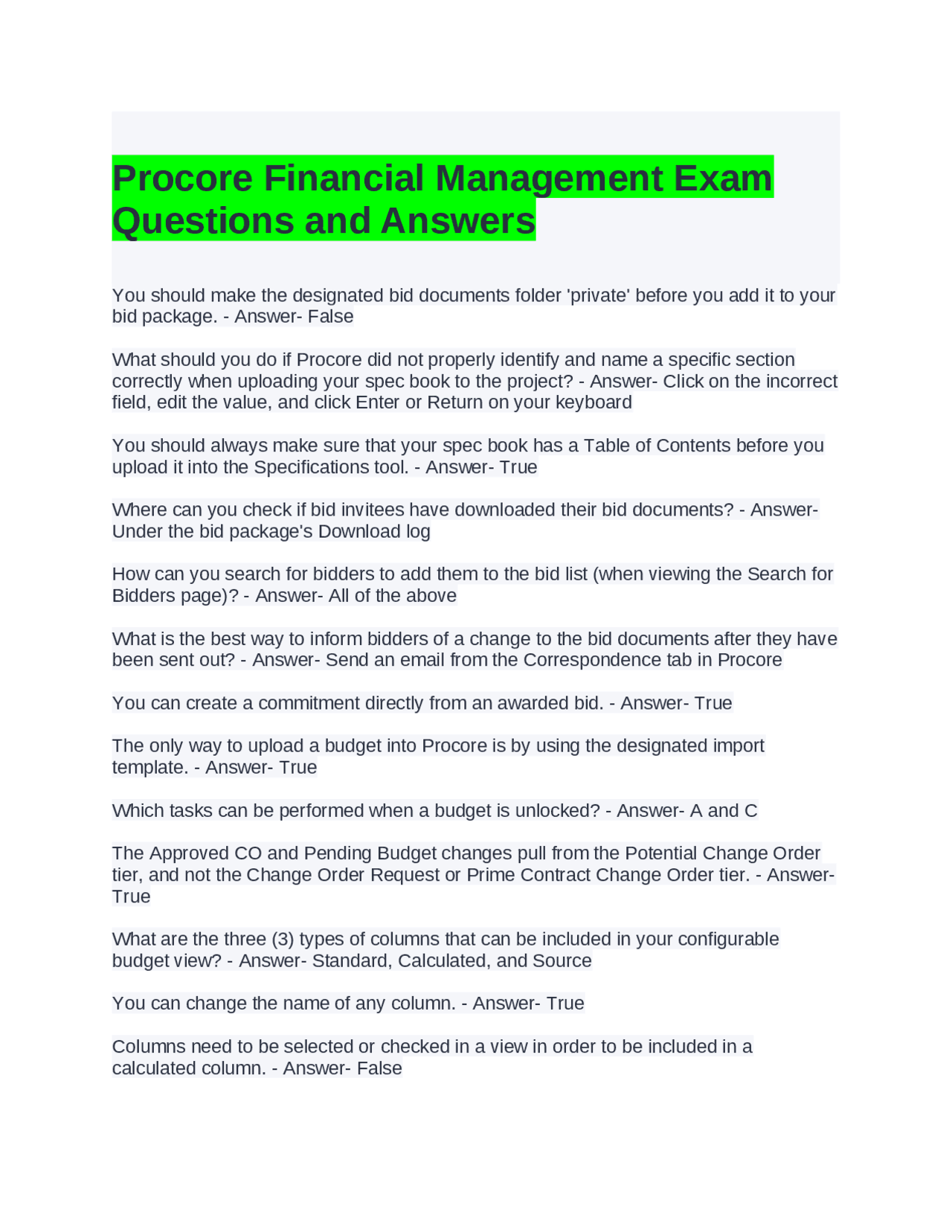 Procore Financial Management Exam Questions and Answers | Exams ...