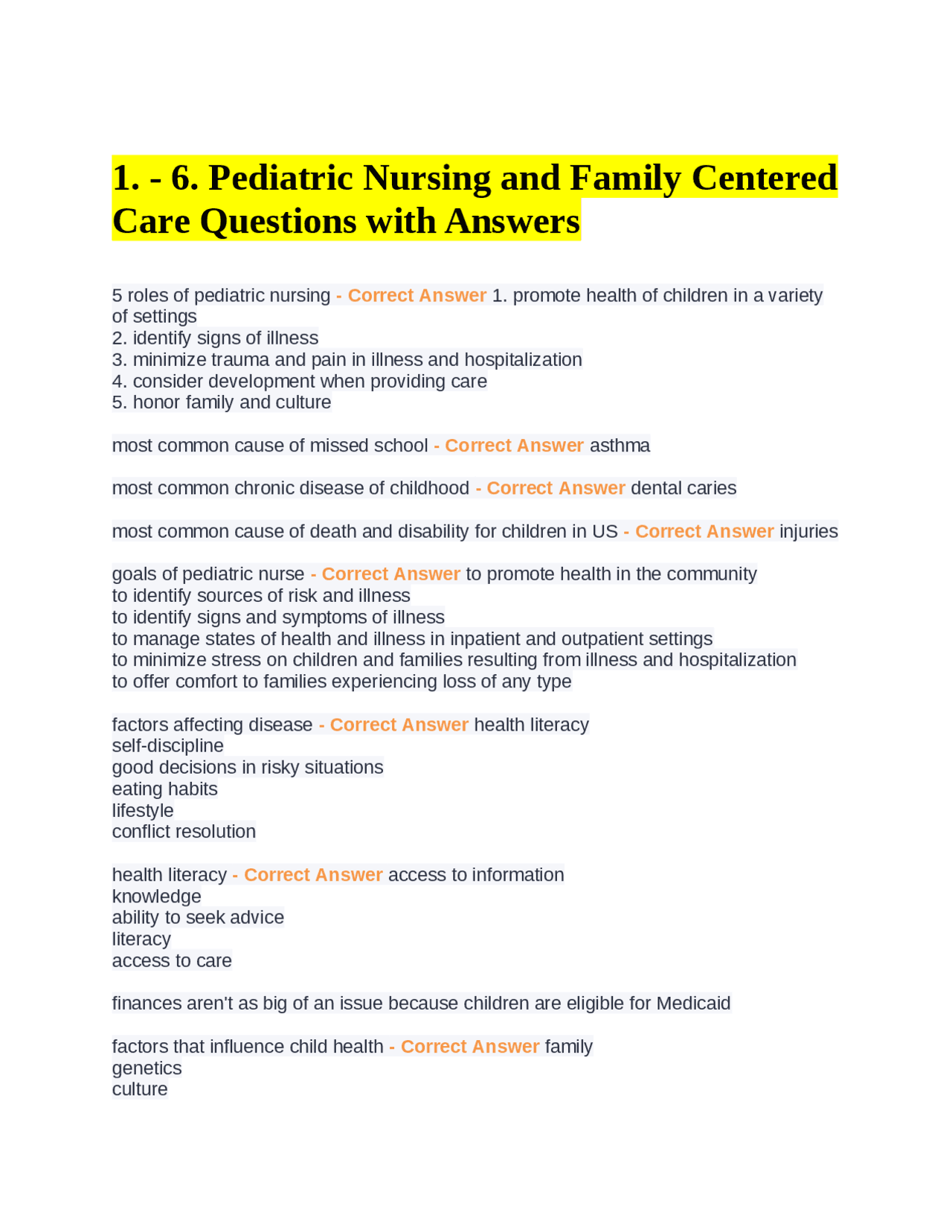 1. - 6. Pediatric Nursing and Family Centered Care Questions with ...