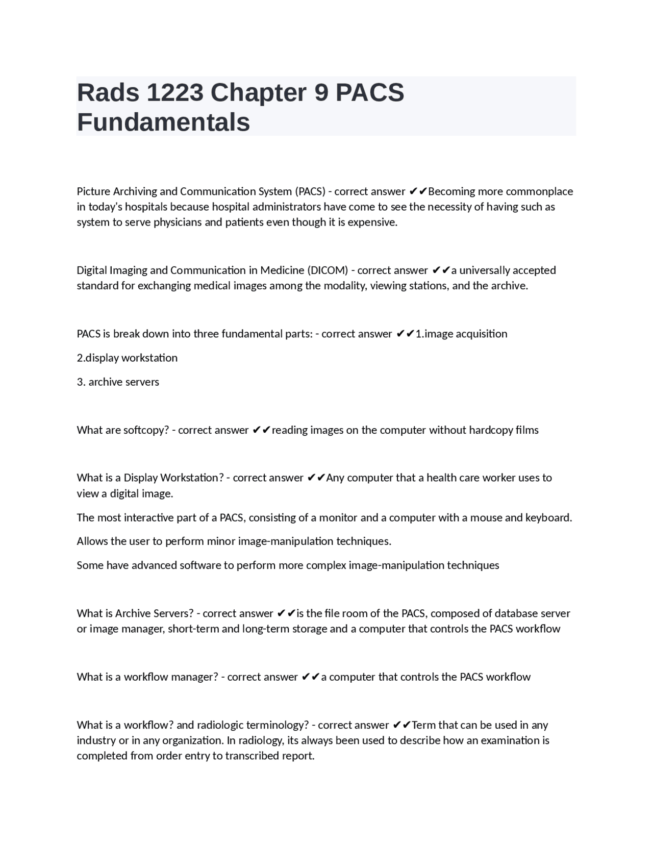 PACS Fundamentals | Exams Nursing | Docsity
