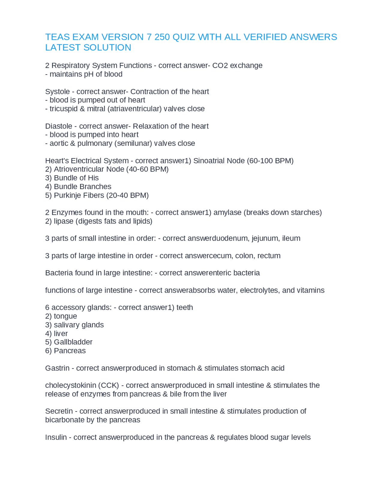 TEAS EXAM VERSION 7 250 QUIZ WITH ALL VERIFIED ANSWERS LATEST SOLUTION ...