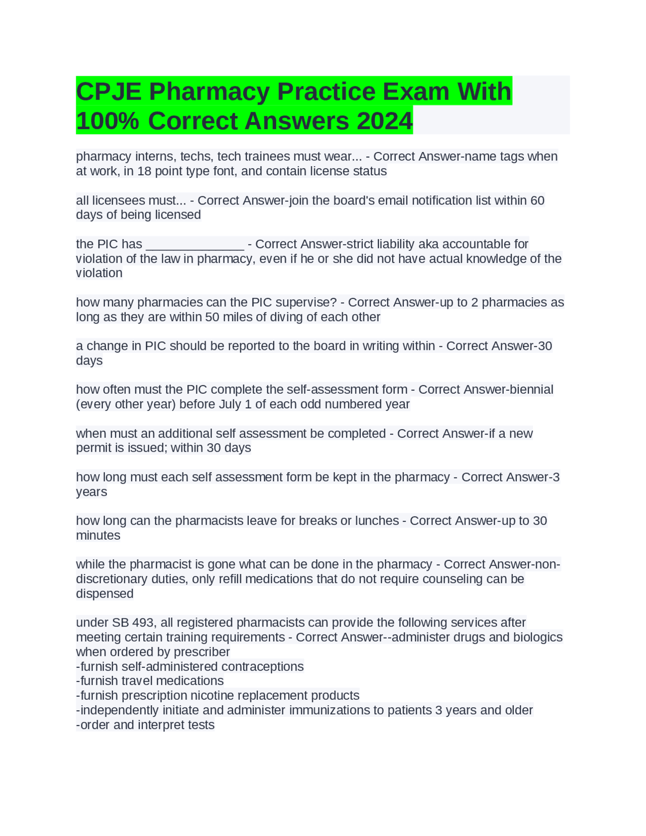 CPJE Pharmacy Practice Exam With 100% Correct Answers 2024 | Exams ...