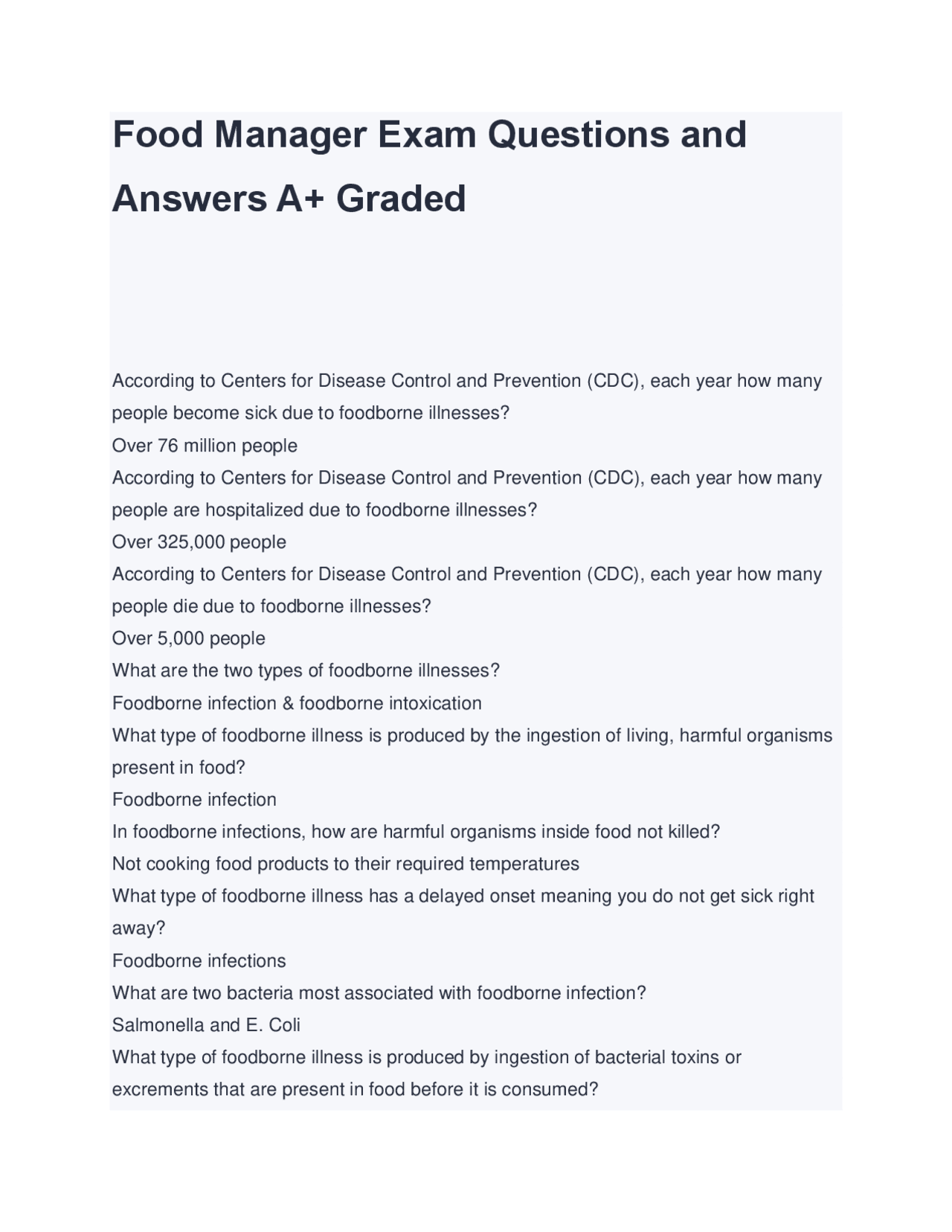 Food Manager Exam Questions and Answers A+ Graded | Exams Food science ...