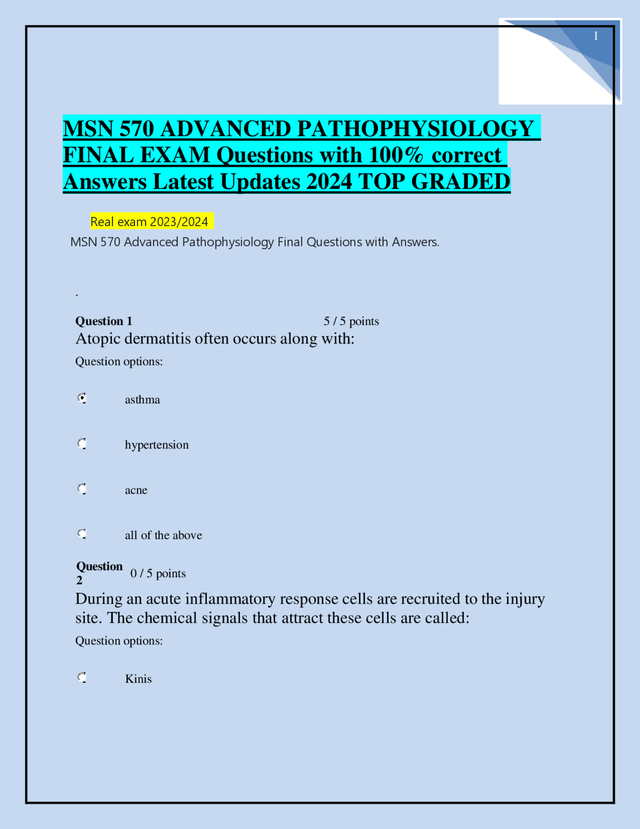 MSN 570 Advanced Pathophysiology Final Exam Questions | Exams Pathology ...