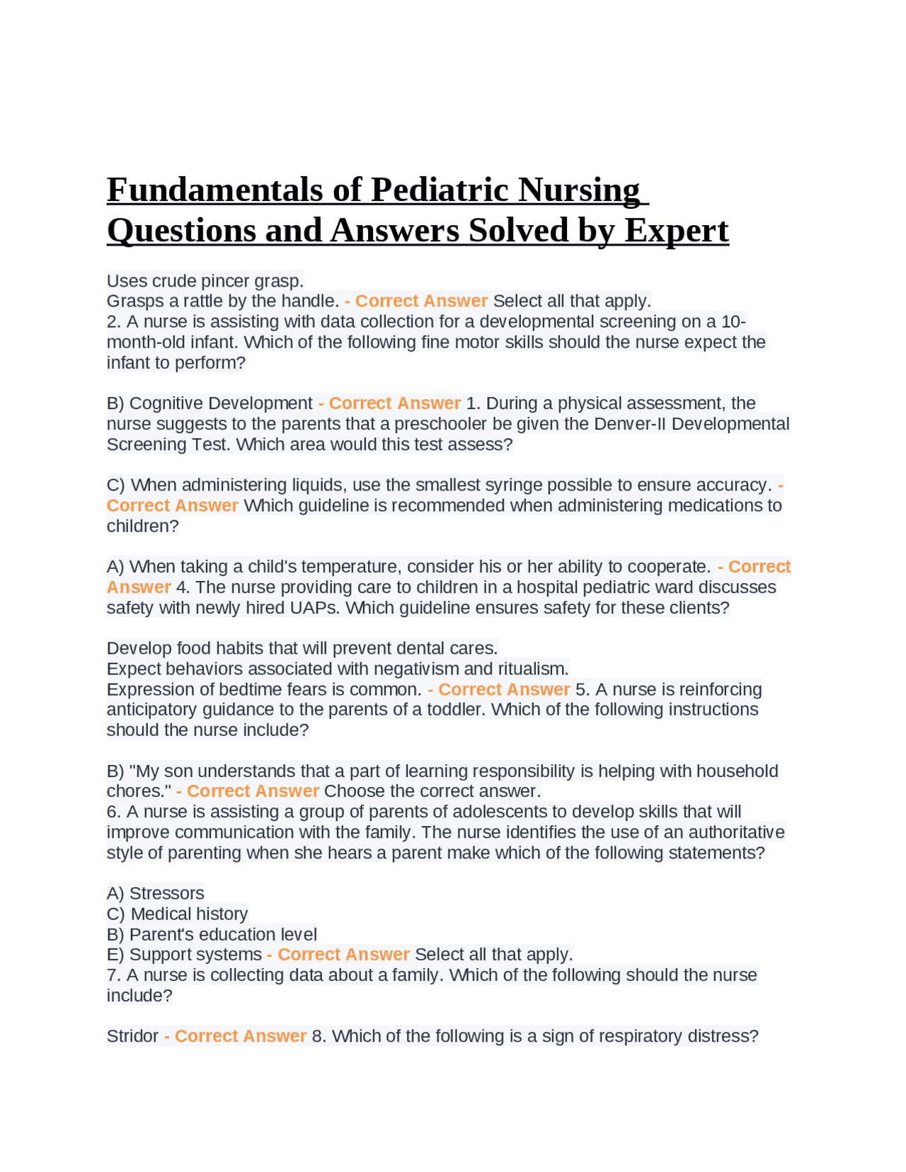 Fundamentals of Pediatric Nursing: Questions and Answers | Exams ...