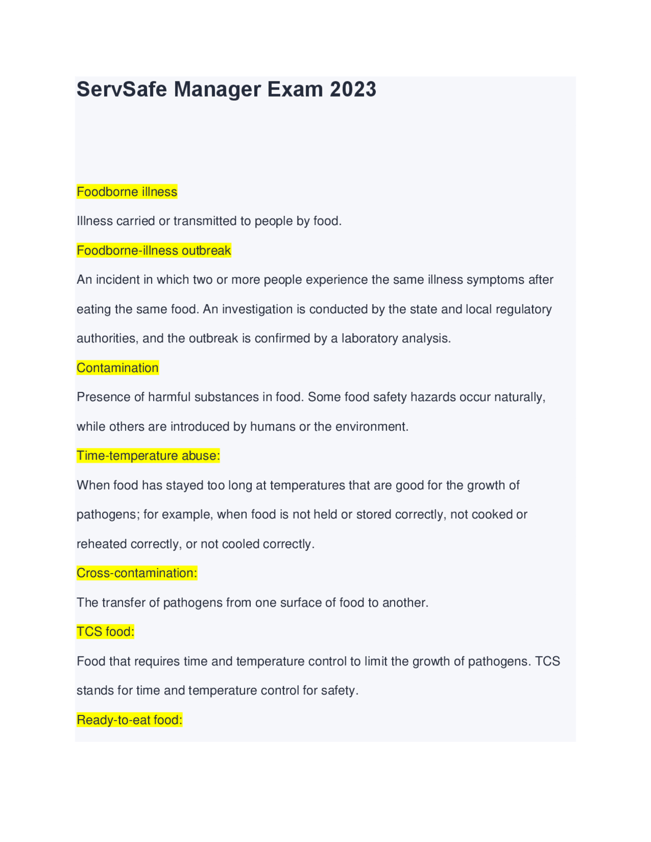 ServSafe Manager Exam 2023: Foodborne Illness and Food Safety | Exams ...