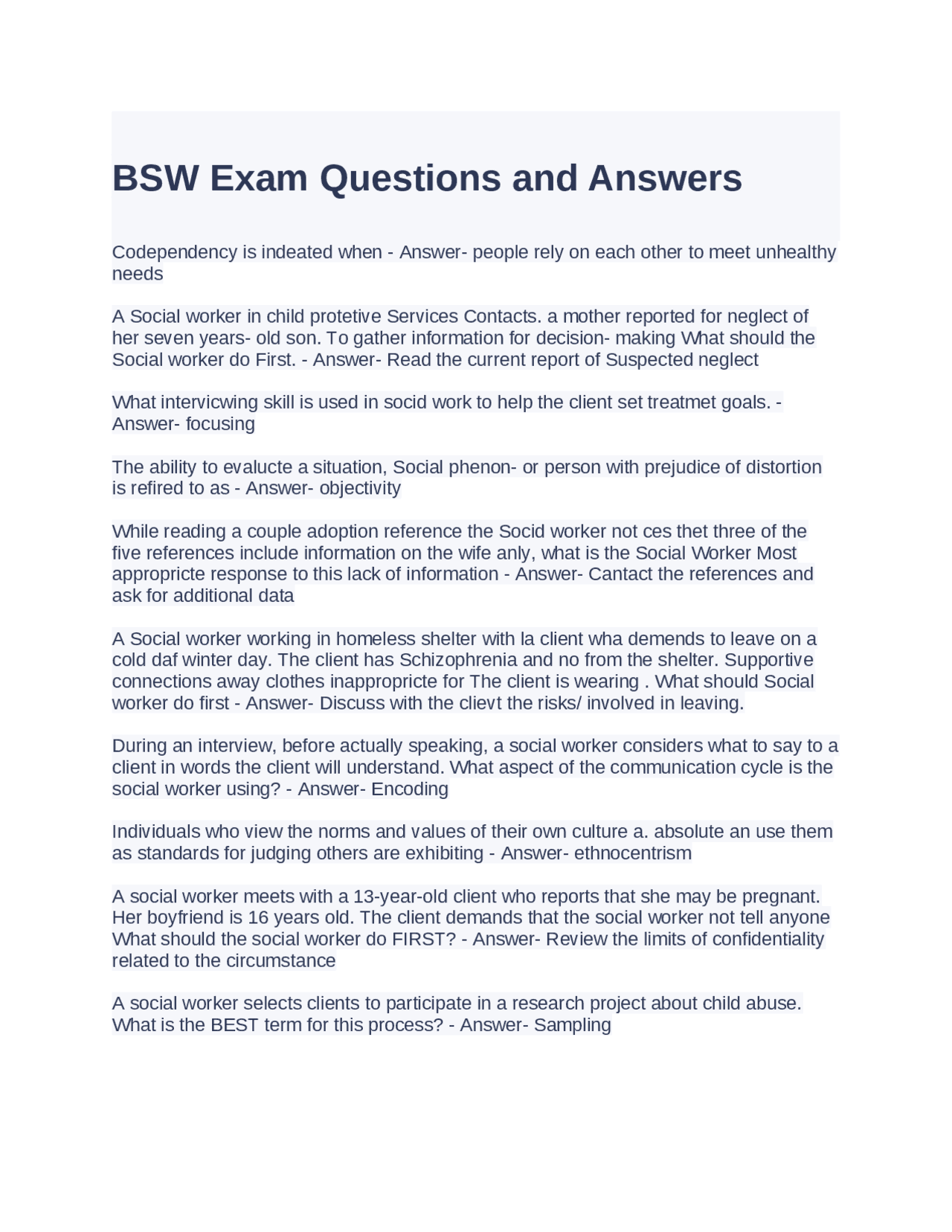BSW Exam Questions and Answers | Exams Advanced Education | Docsity