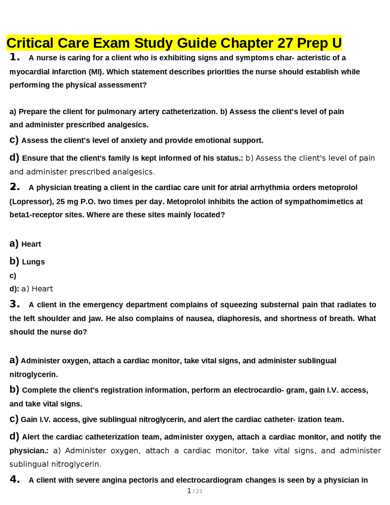 Nursing Management of Coronary Artery Disease | Exams Nursing | Docsity
