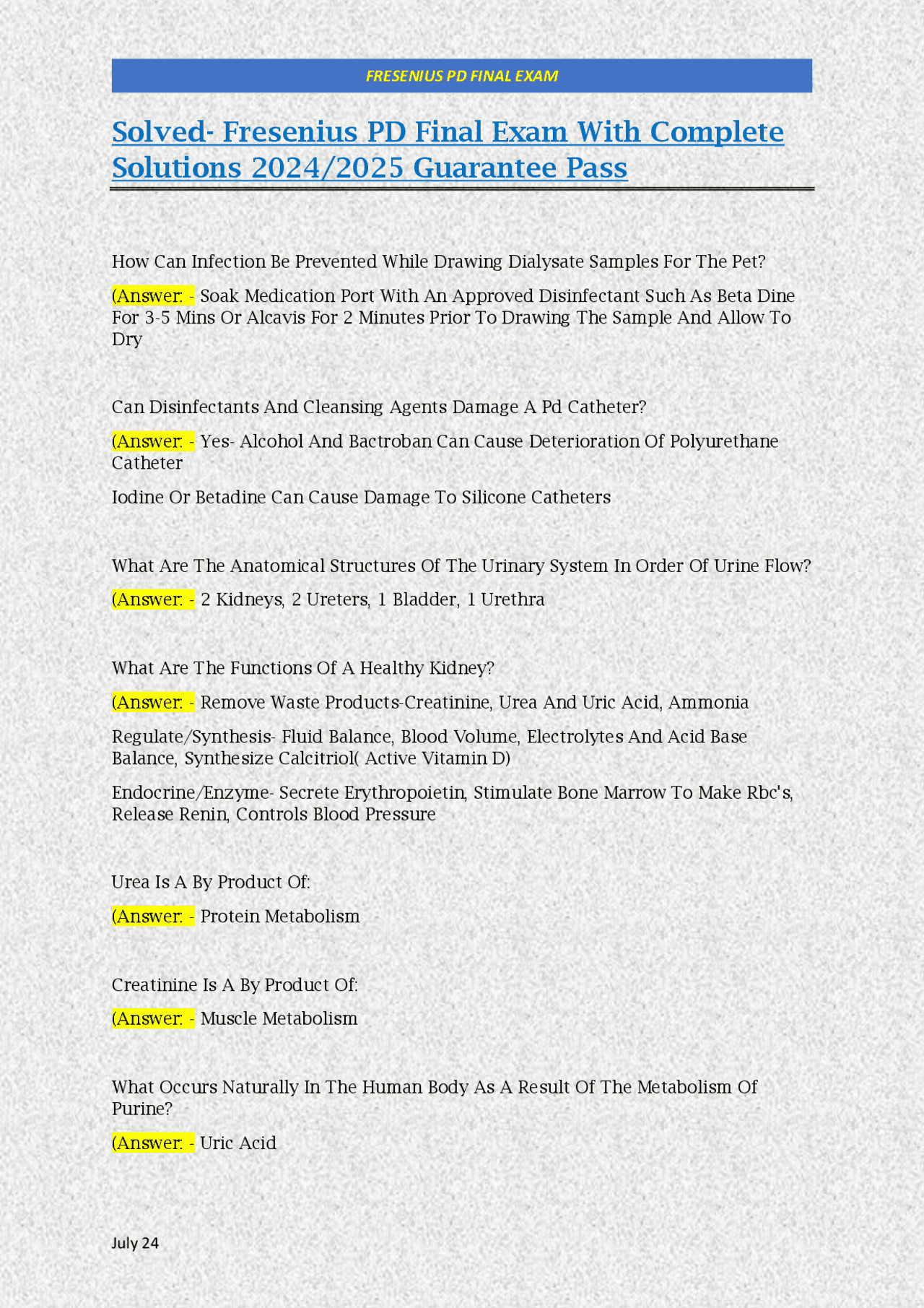 Peritoneal Dialysis (PD) Final Exam | Exams Nursing | Docsity