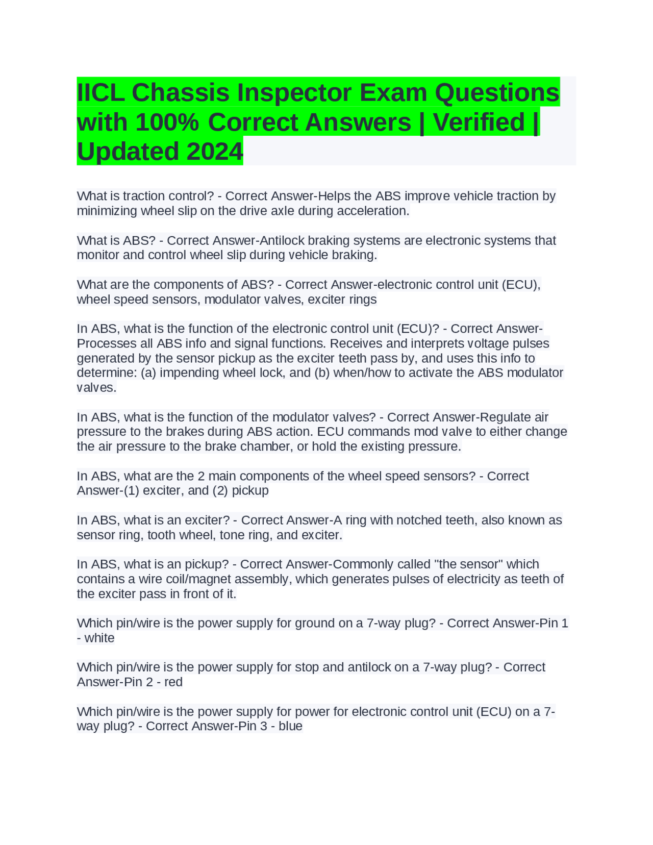 IICL Chassis Inspector Exam Questions with 100% Correct Answers | Exams Advanced Education | Docsity