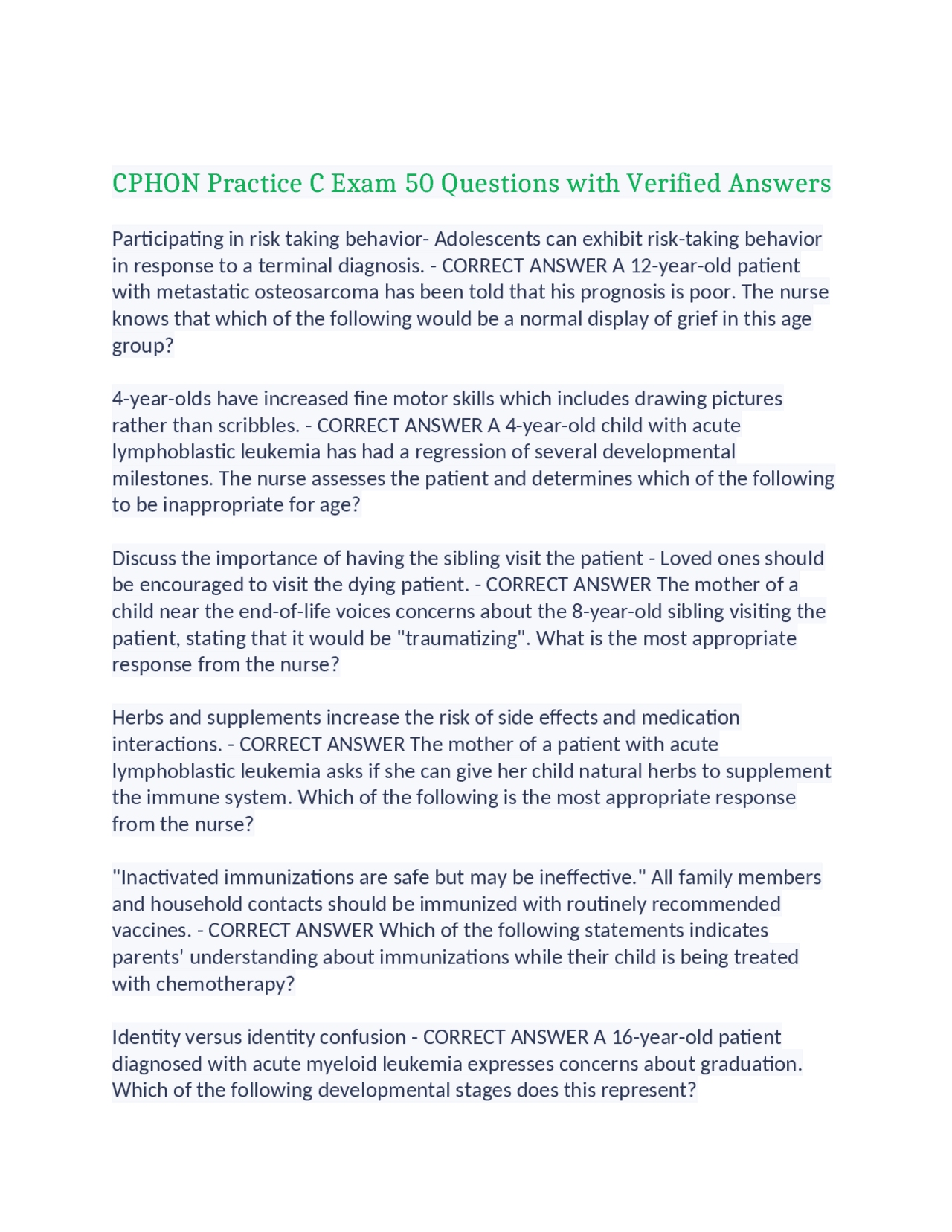 CPHON Practice C Exam 50 Questions with Verified Answers,100% CORRECT ...