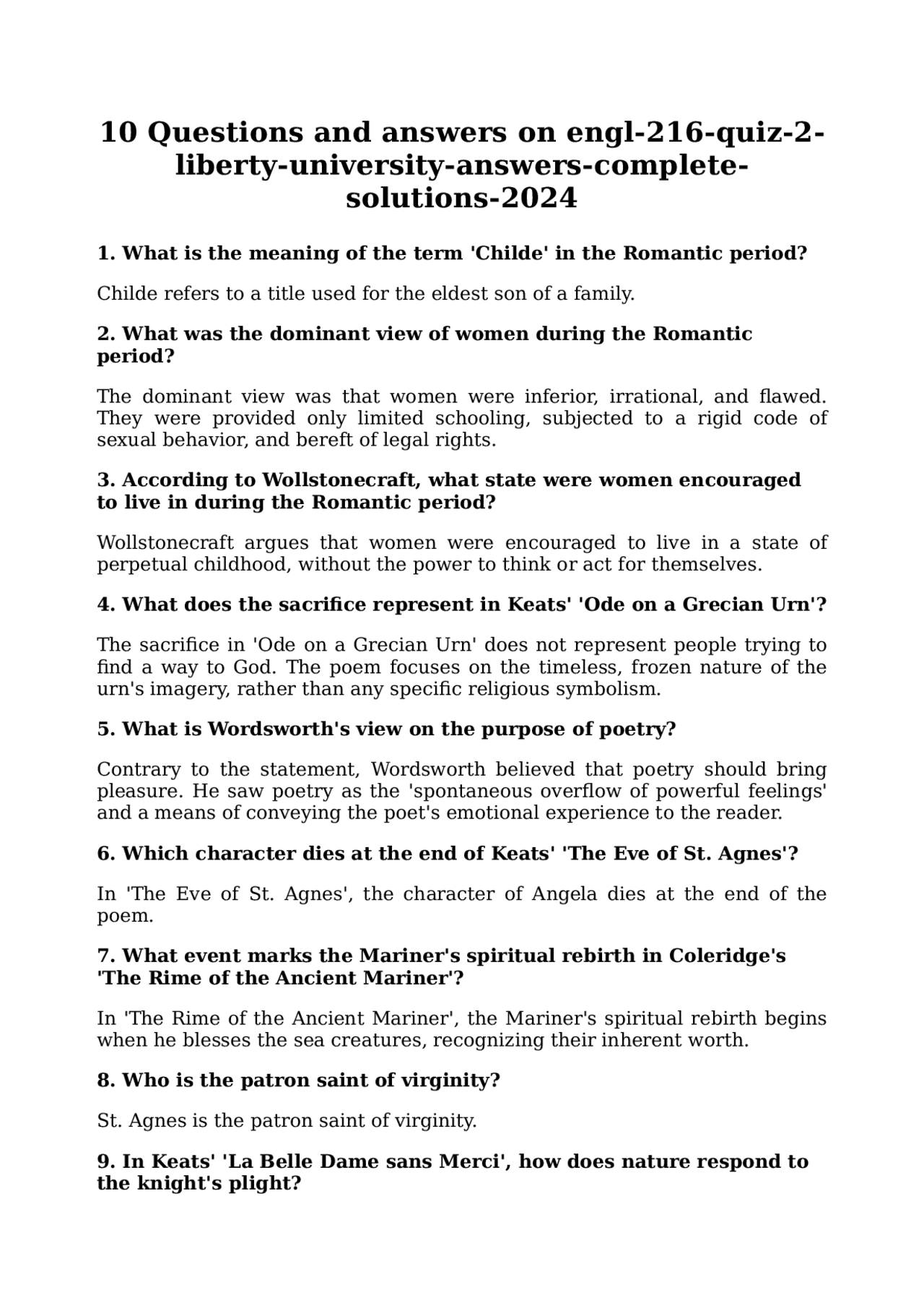 Romantic Poetry and Literature | Exams Nursing | Docsity