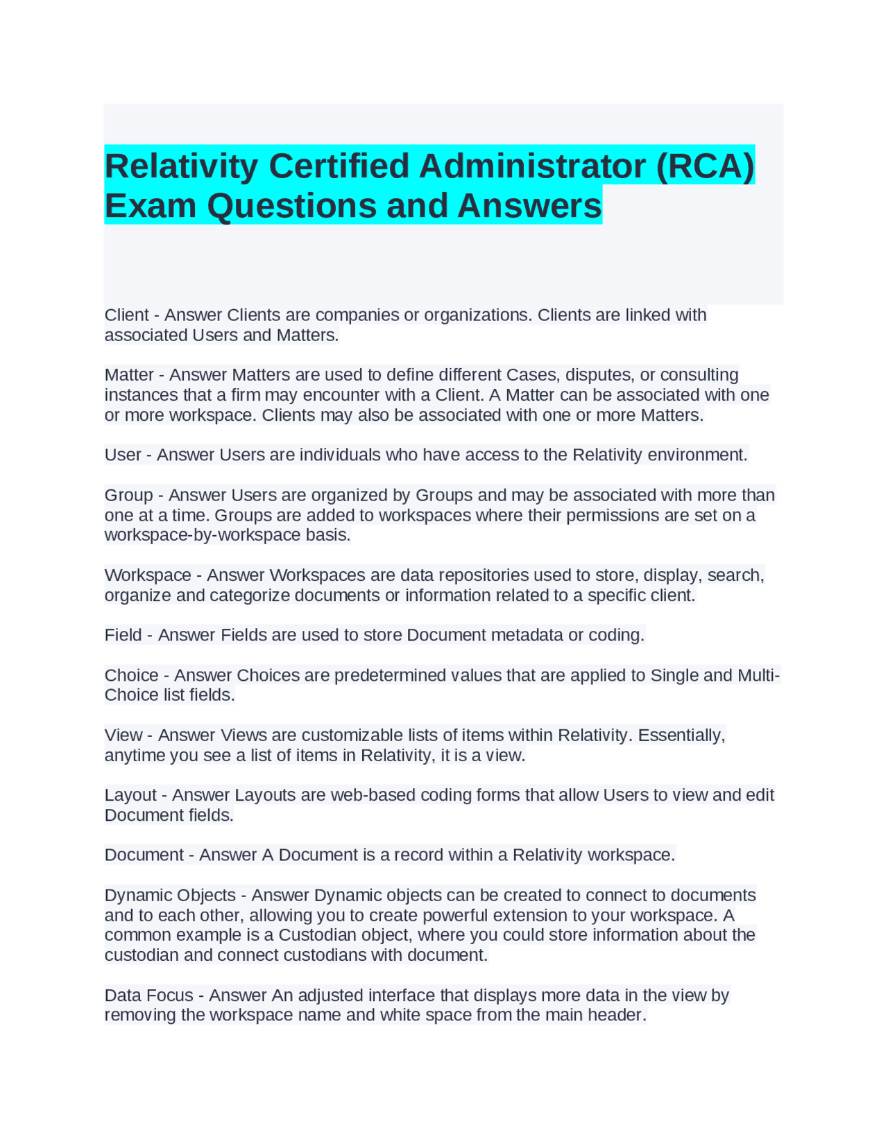 Relativity Certified Administrator (RCA) Exam Questions and Answers ...