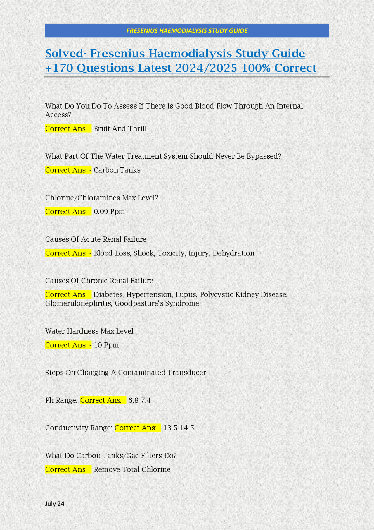 Fresenius Haemodialysis Study Guide +170 Questions Latest 2024/2025 100 ...