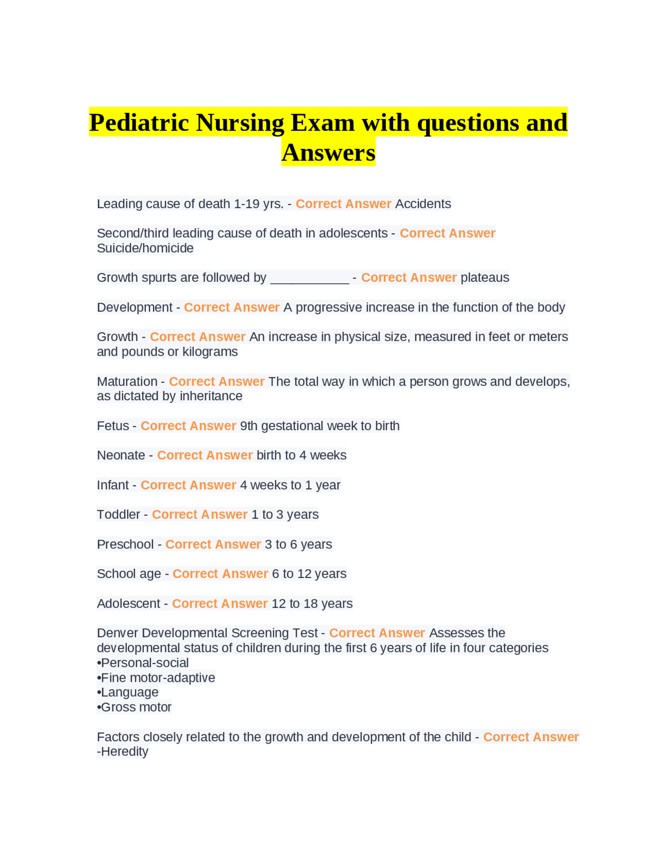 Pediatric Nursing Exam with questions and Answers | Exams Nursing | Docsity