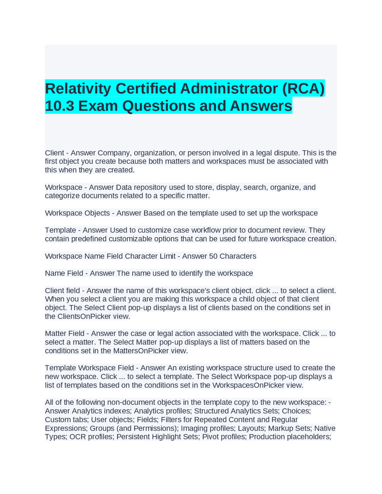 Relativity Certified Administrator (RCA) 10.3 Exam Questions and ...