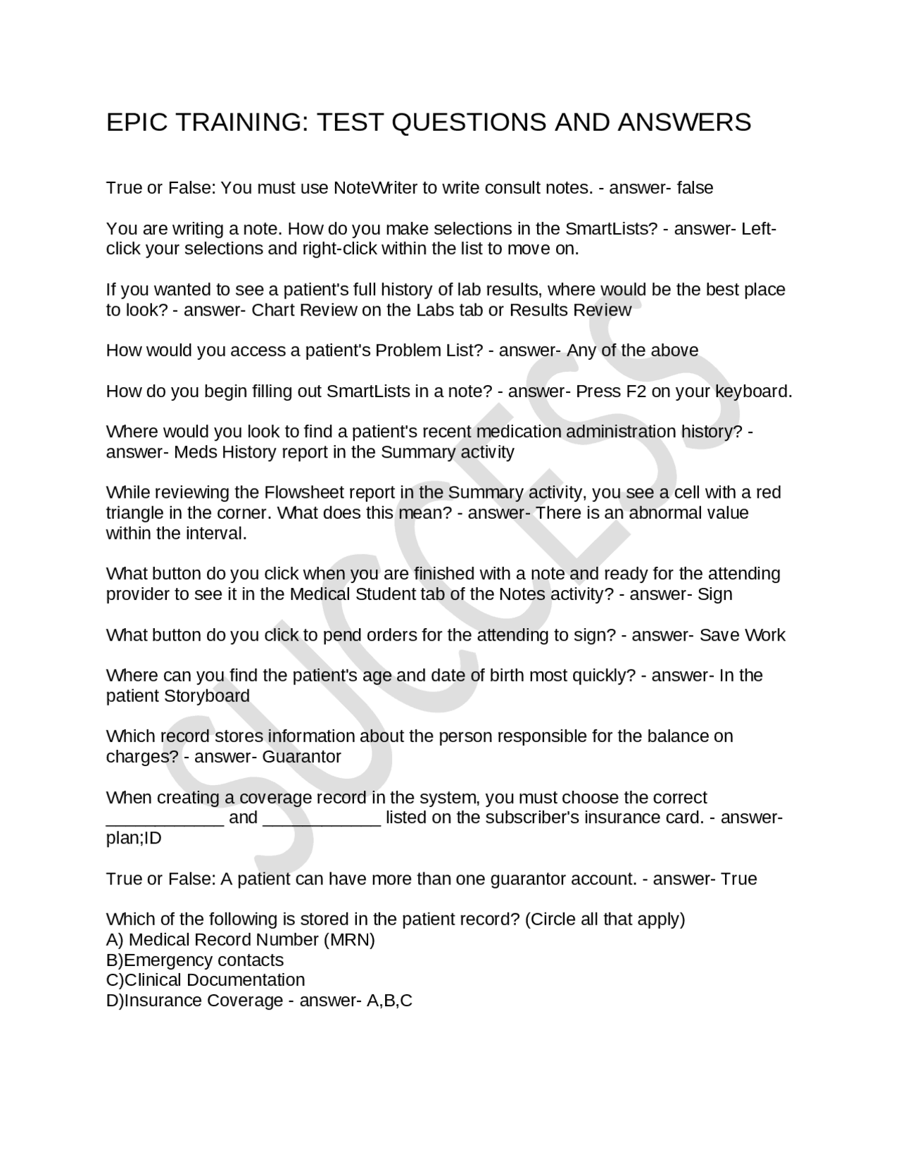 EPIC TRAINING: TEST QUESTIONS AND ANSWERS 2024 | Exams Nursing | Docsity