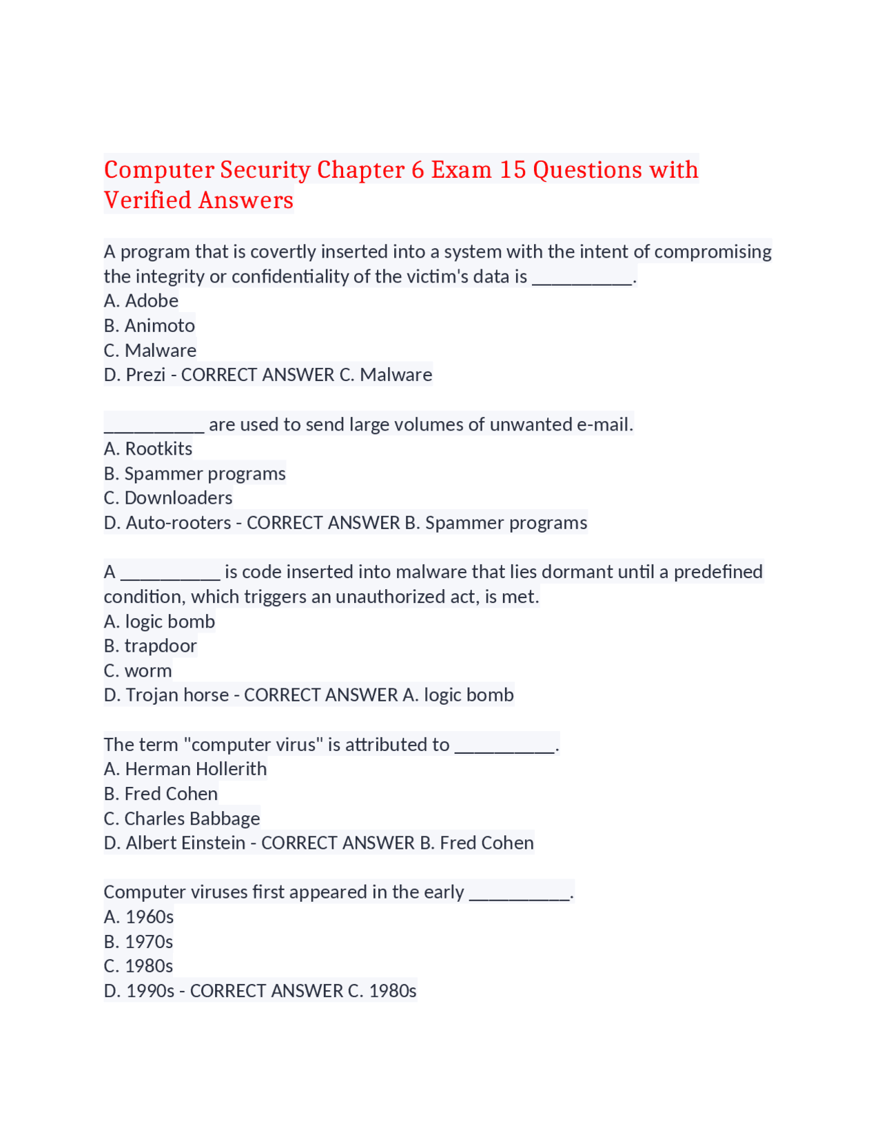 Computer Security Chapter 6 Exam 15 Questions with Verified Answers,100% CORRECT | Exams ...
