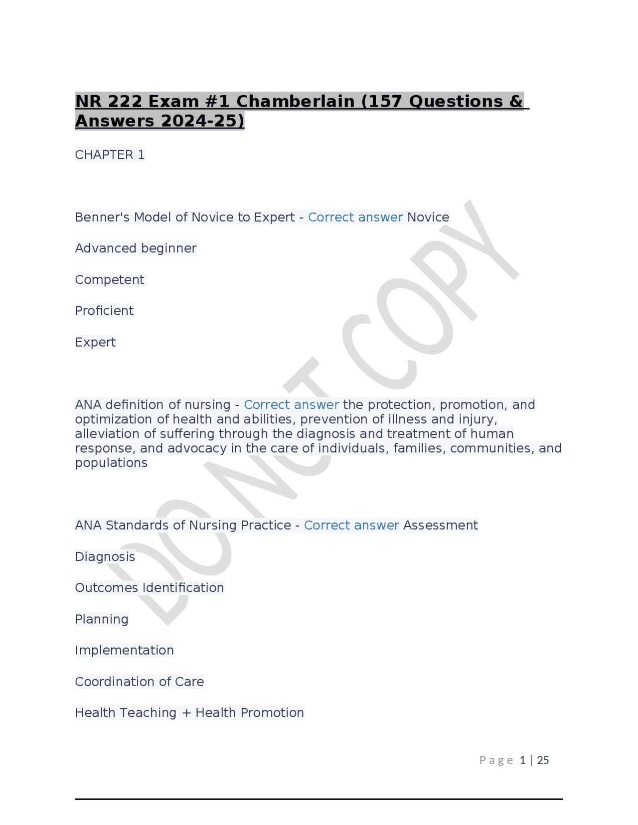 NR 222 Exam #1 Chamberlain (157 Questions & Answers 2024-25) | Exams ...