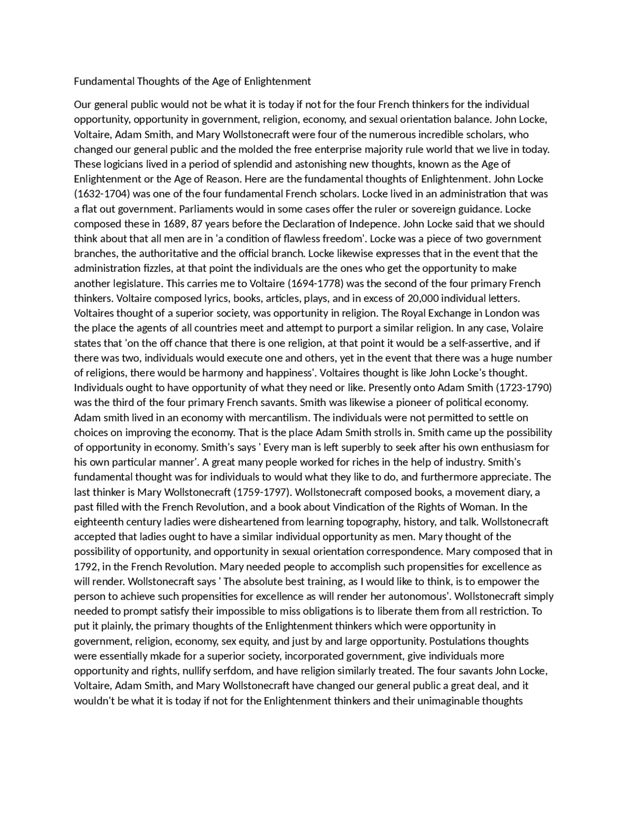 Enlightenment Thinkers: Locke, Voltaire, Smith, and Wollstonecraft ...