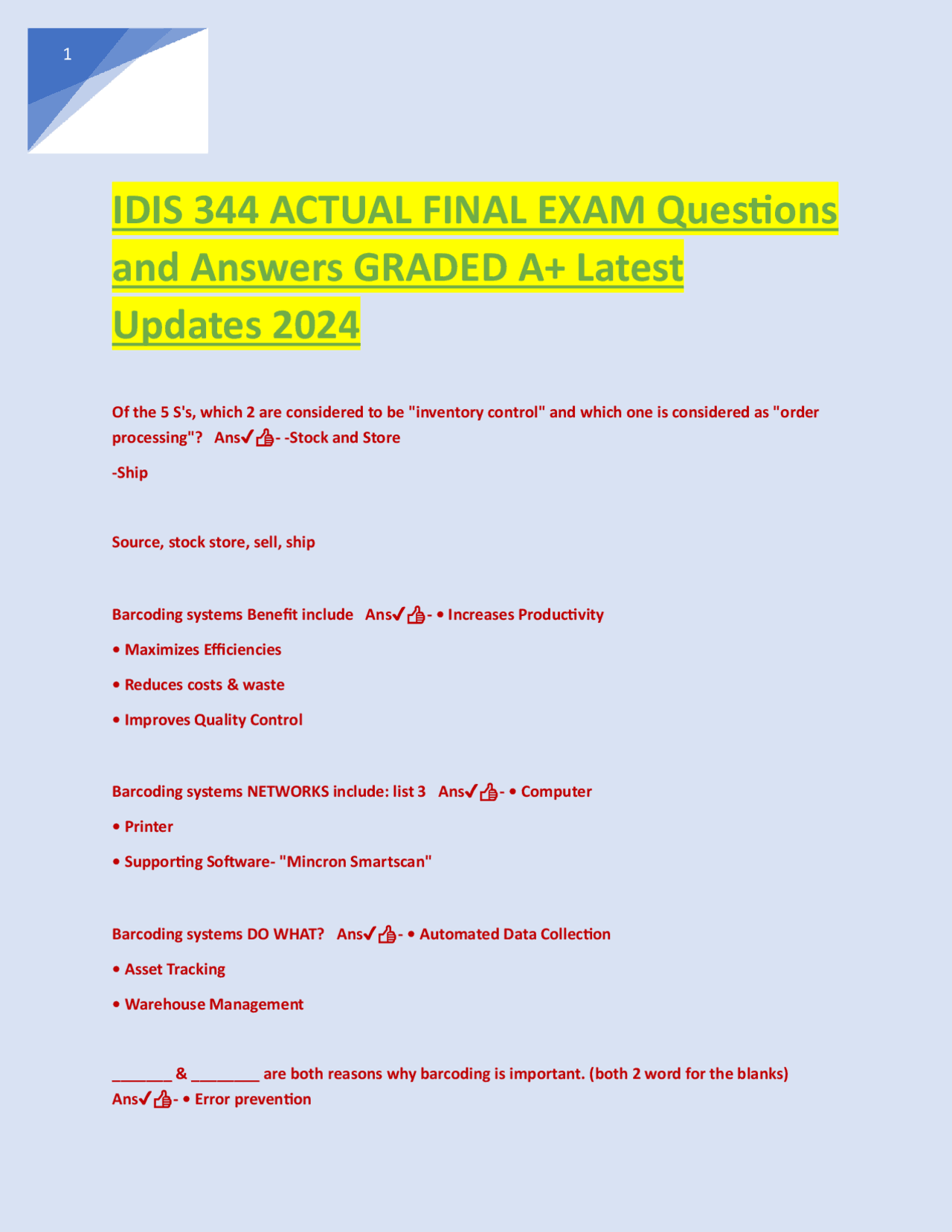 IDIS 344 Actual Final Exam Questions and Answers | Exams Nursing | Docsity