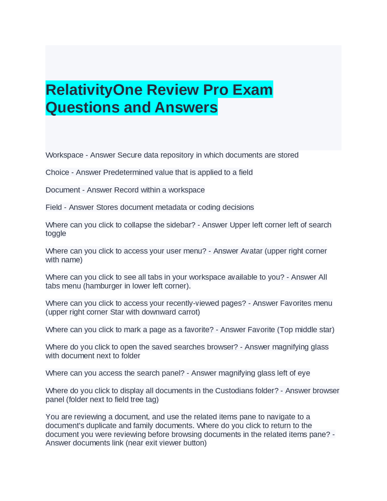 RelativityOne Review Pro Exam Questions and Answers | Exams Advanced ...